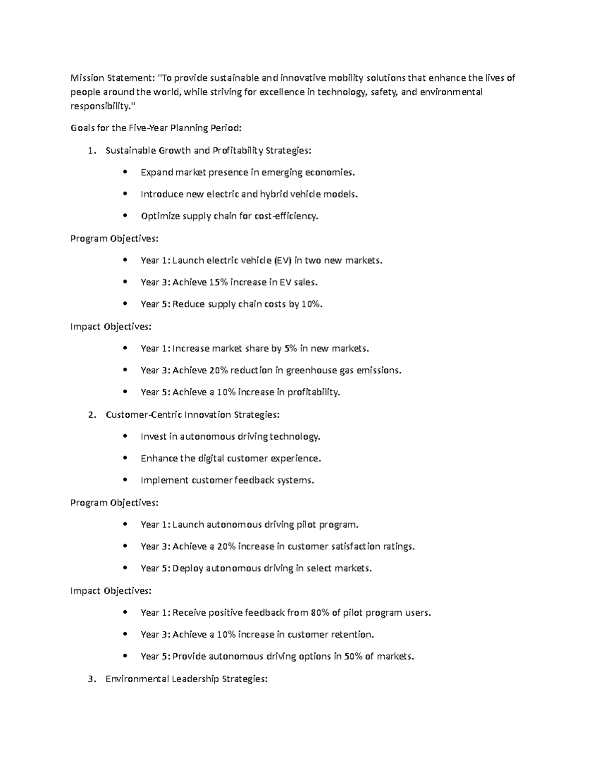 Overview toyota - implementation of strategies - Mission Statement: "To ...