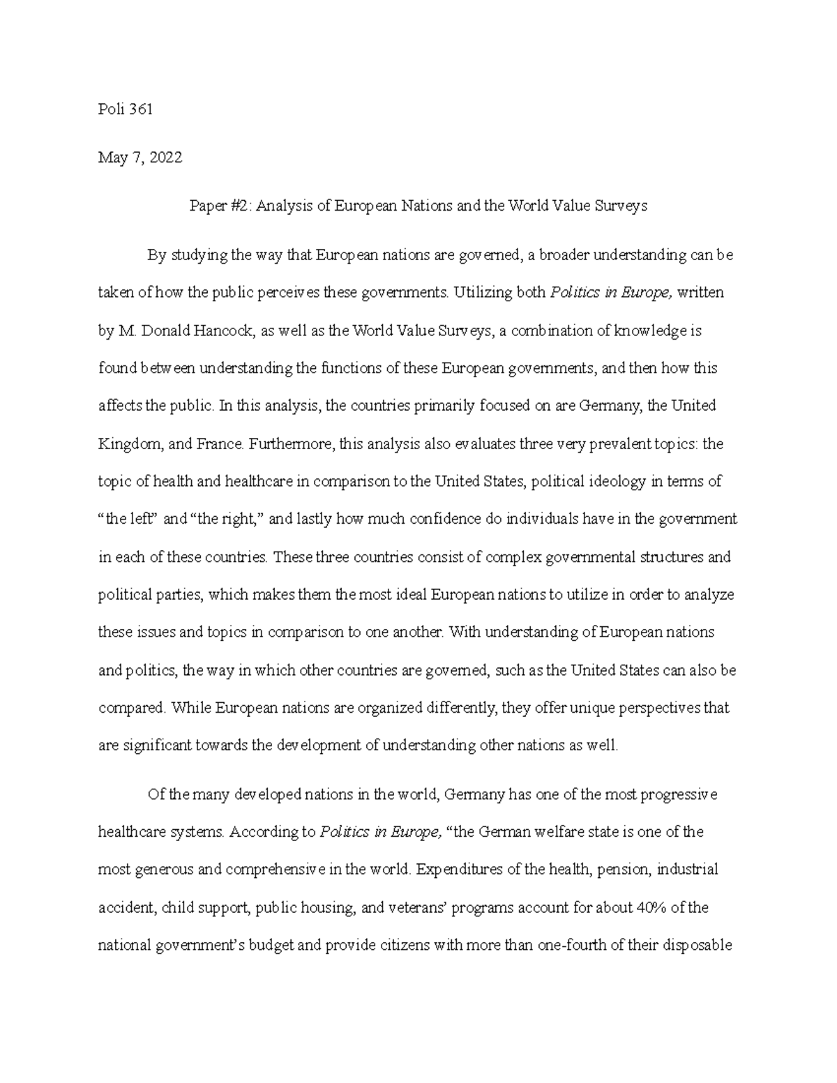 Poli 361 - European Politics - Poli 361 May 7, 2022 Paper #2: Analysis ...