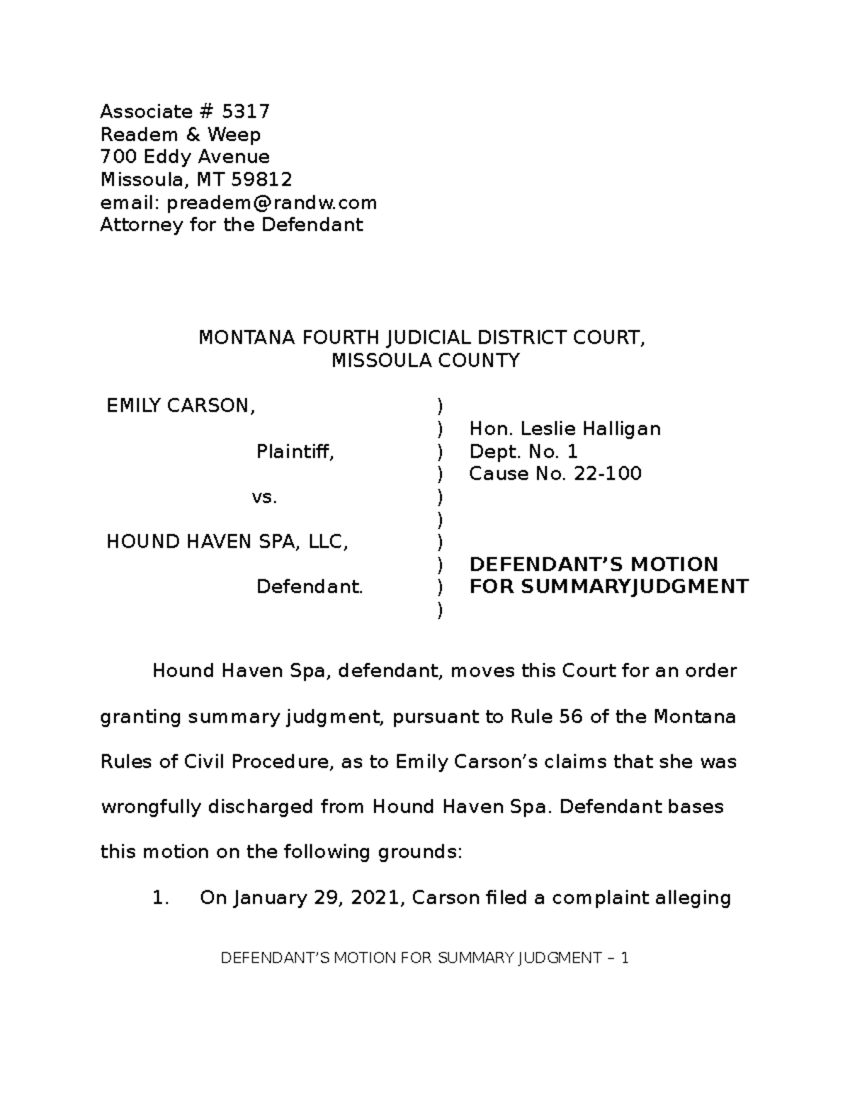 Summary judgment Packet - Associate # 5317Readem & Weep 700 Eddy ...