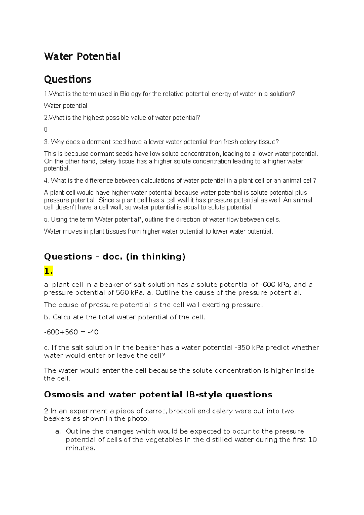 Water Potential - inthinking ws - Water Potential Questions 1 is the ...