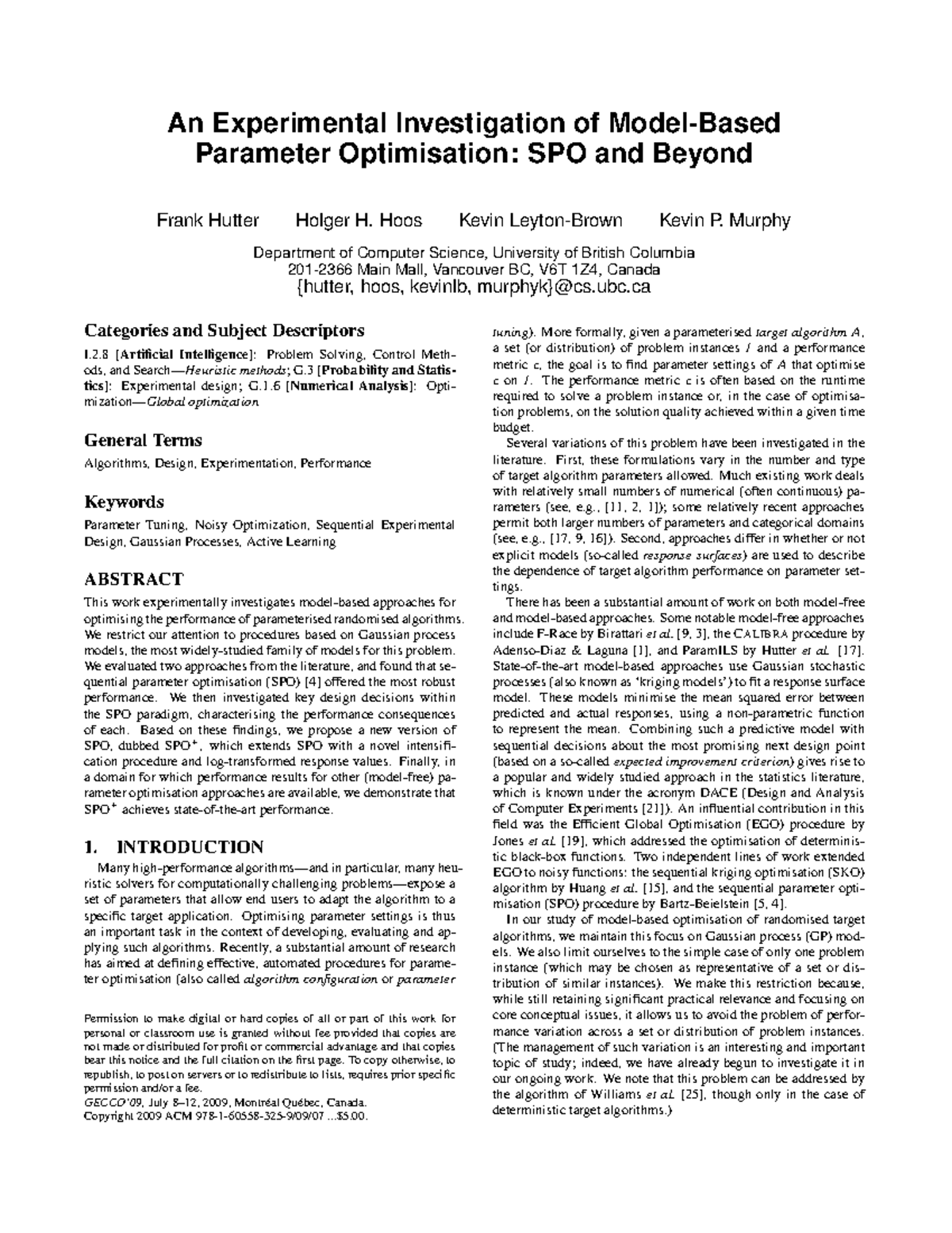 An Experimental Investigation Of Model Based Parameter Optimisation Spo And Beyond Hoos Kevin