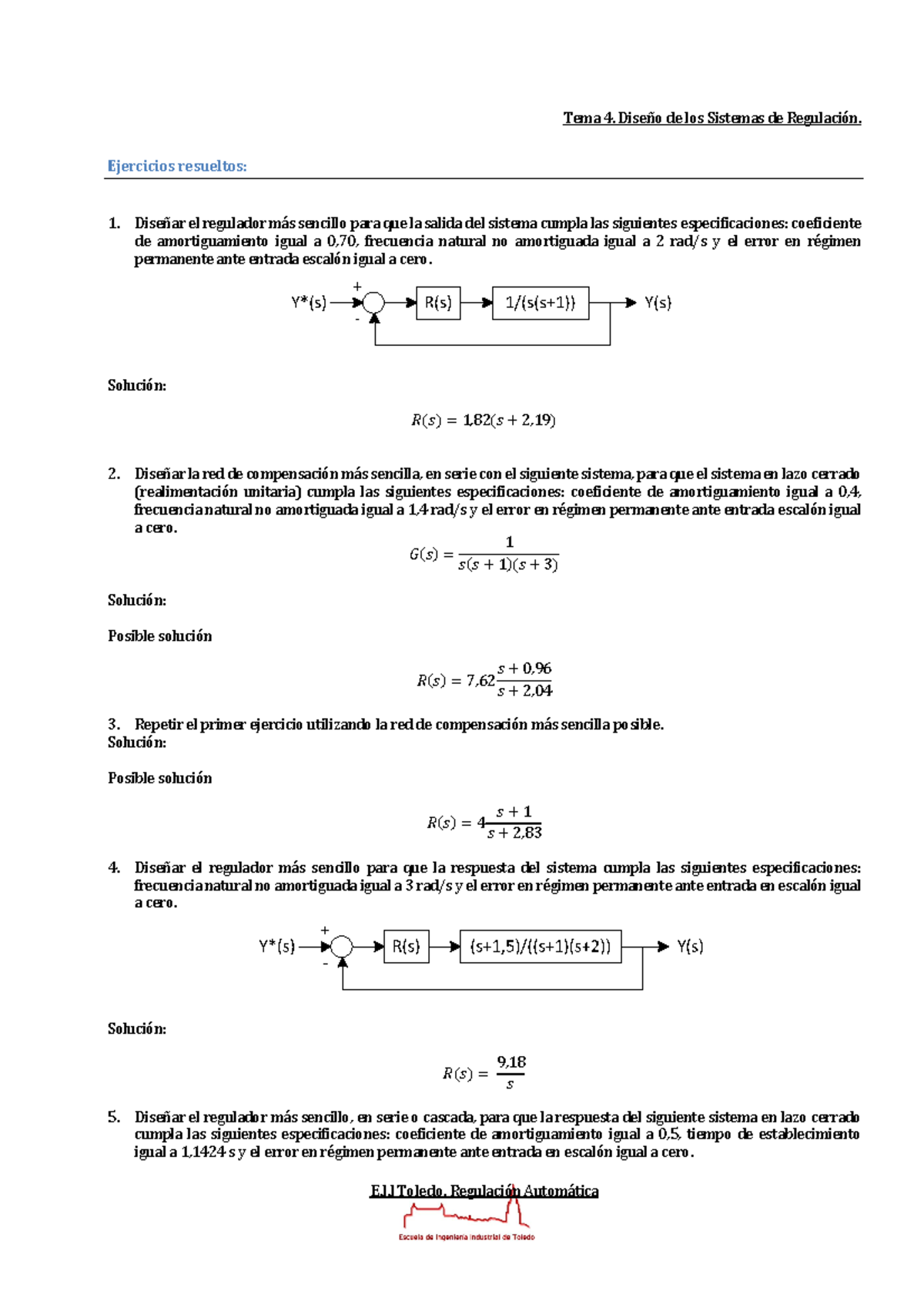 RA Ejercicios resueltos Tema4 - Tema 4. Diseño de los Sistemas de Regulación. E.I Toledo ...