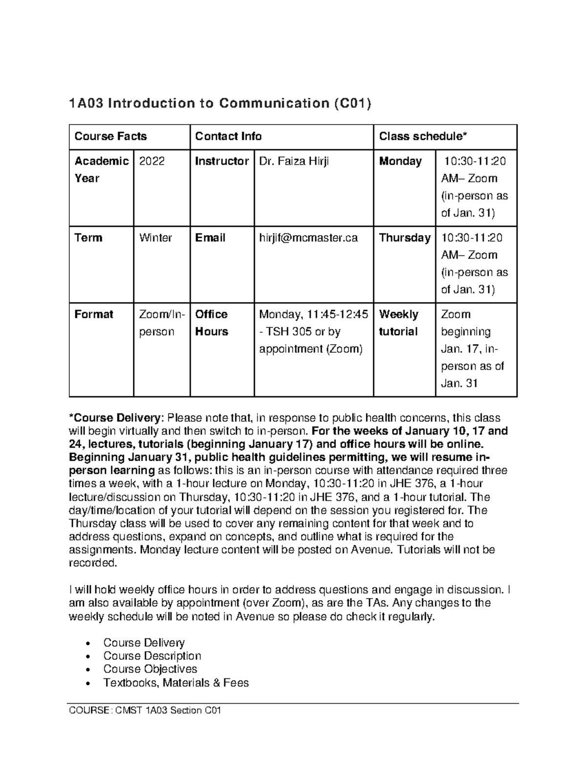 CMST 1A03 Introduction To Communication Winter 2022 In Person 5Jan22 ...