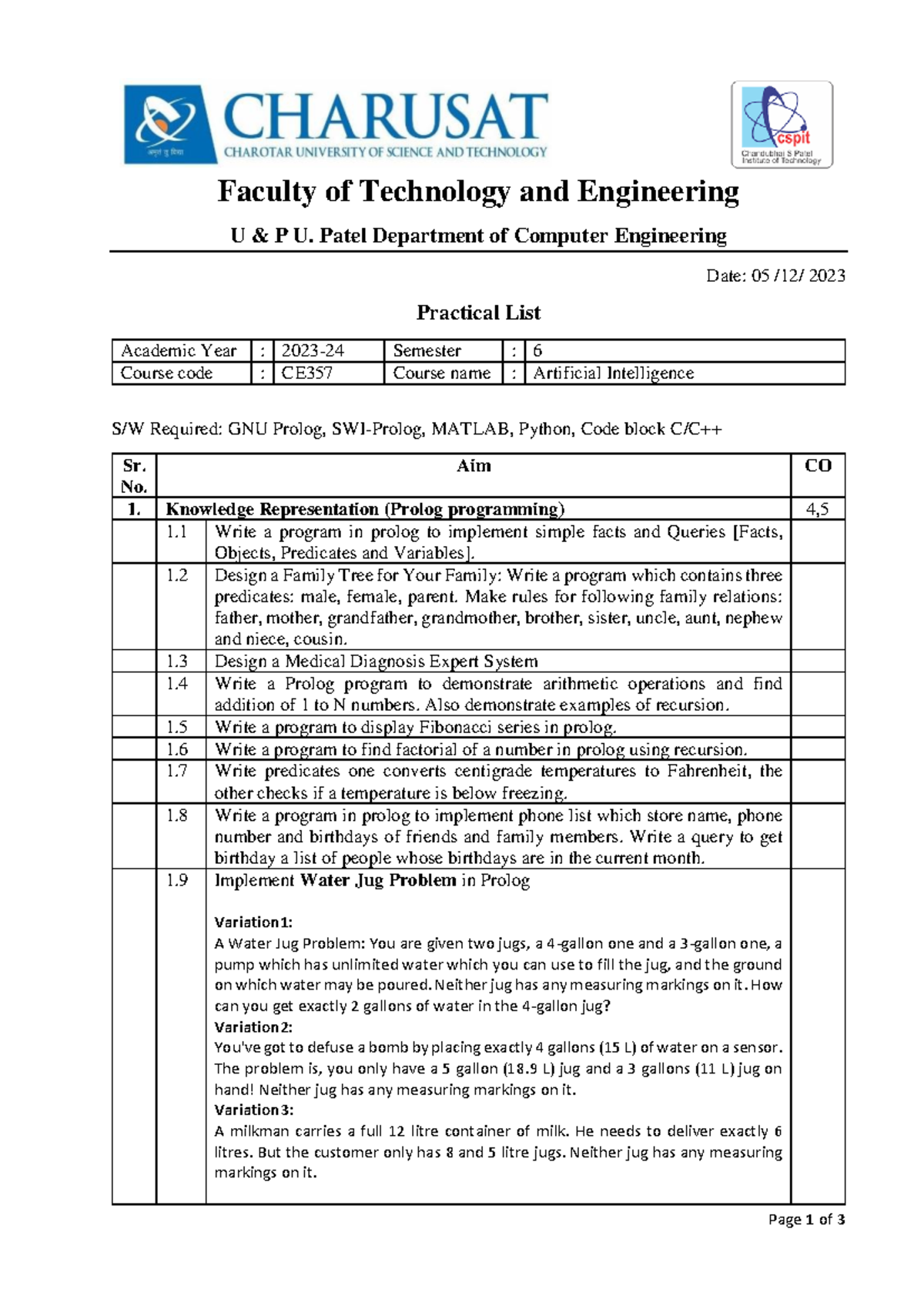 2023 24 EVEN CE357 AI Practical List - Page 1 of 3 Faculty of Technology and Engineering U & P ...