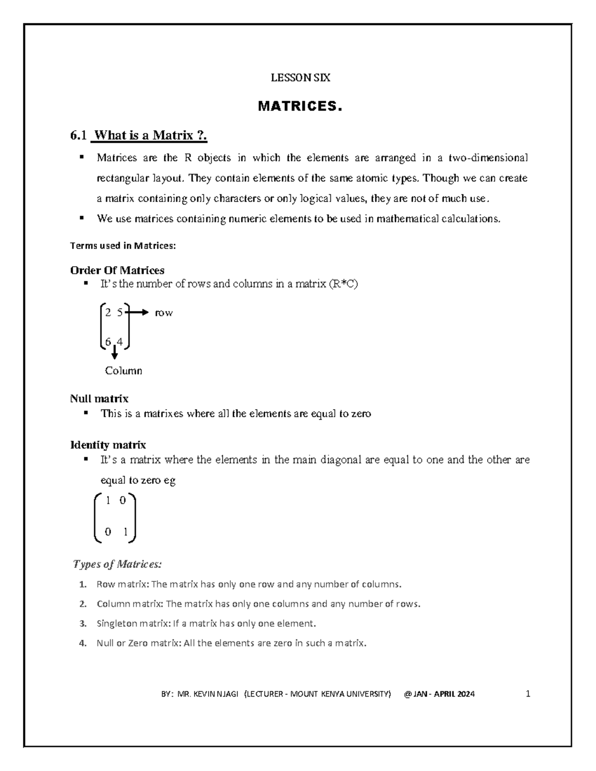 Lesson on Binary arithmetics and how to convert various digits into binary - LESSON SIX MATRICES ...