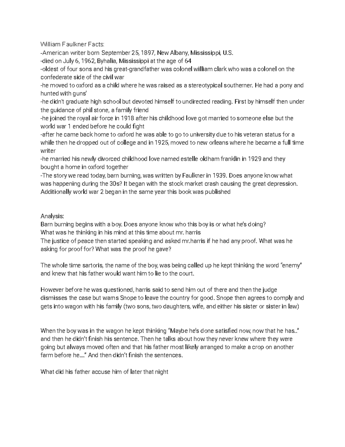 Barn Burning Analysis - Summary American Literature I - William ...