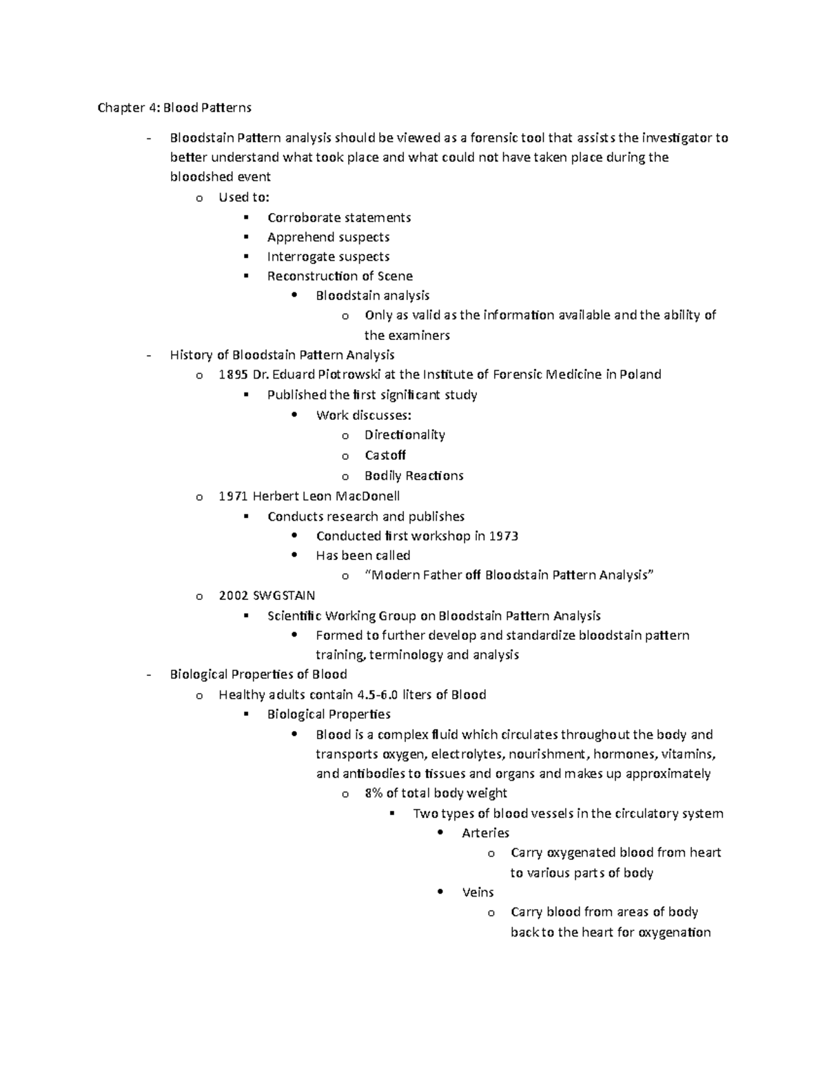 Chapter 4 notes - professor clift - Chapter 4: Blood Patterns ...