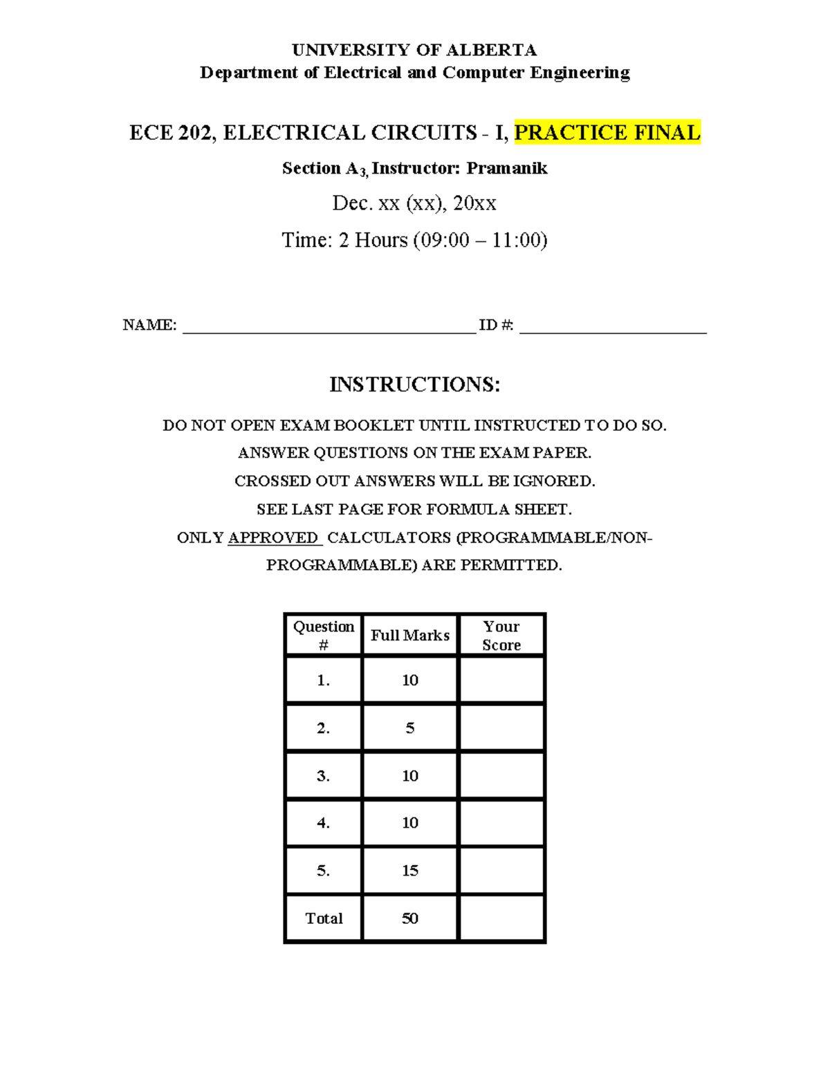 Ece202 practice final 1 - UNIVERSITY OF ALBERTA Department of ...