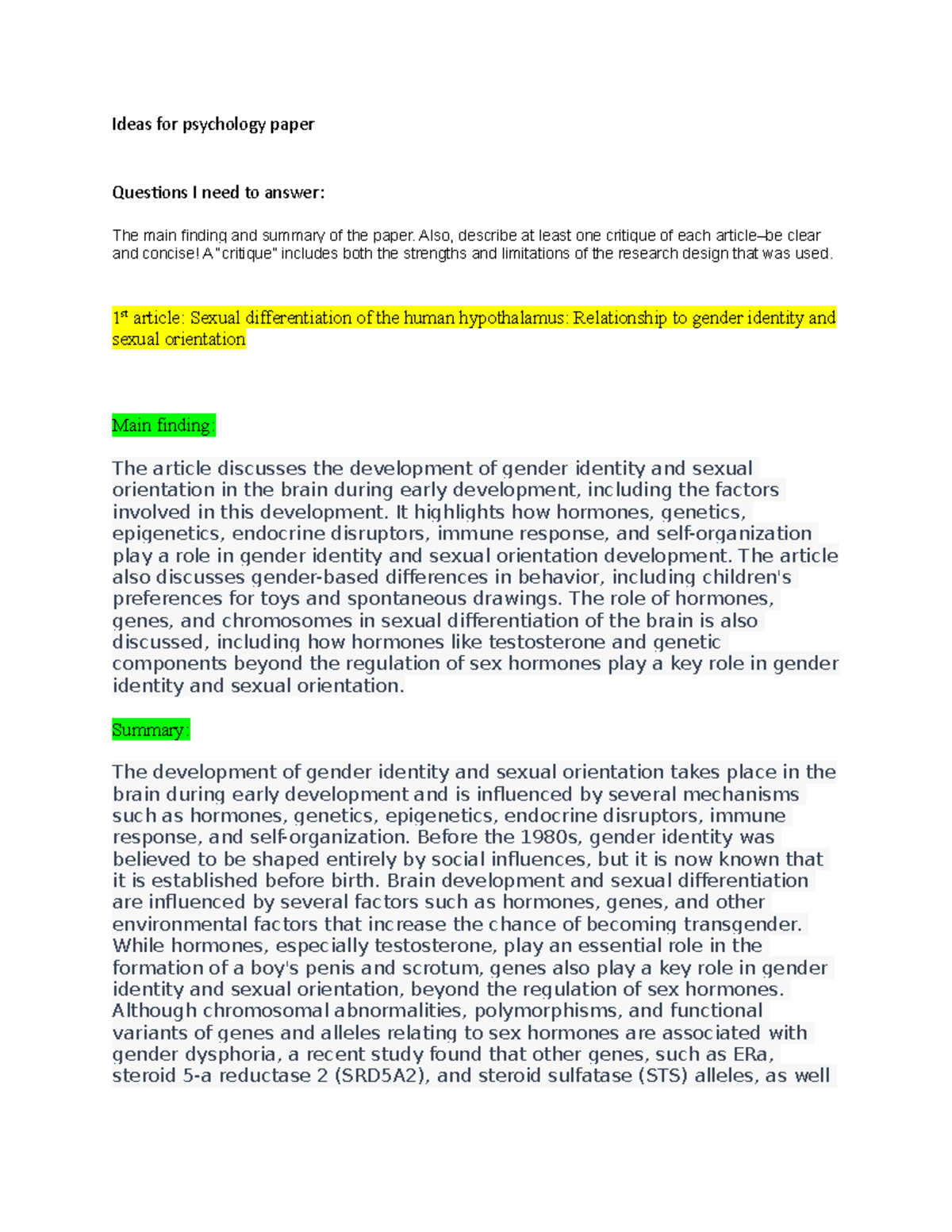 Psychology paper ideas - Ideas for psychology paper Questions I need to ...