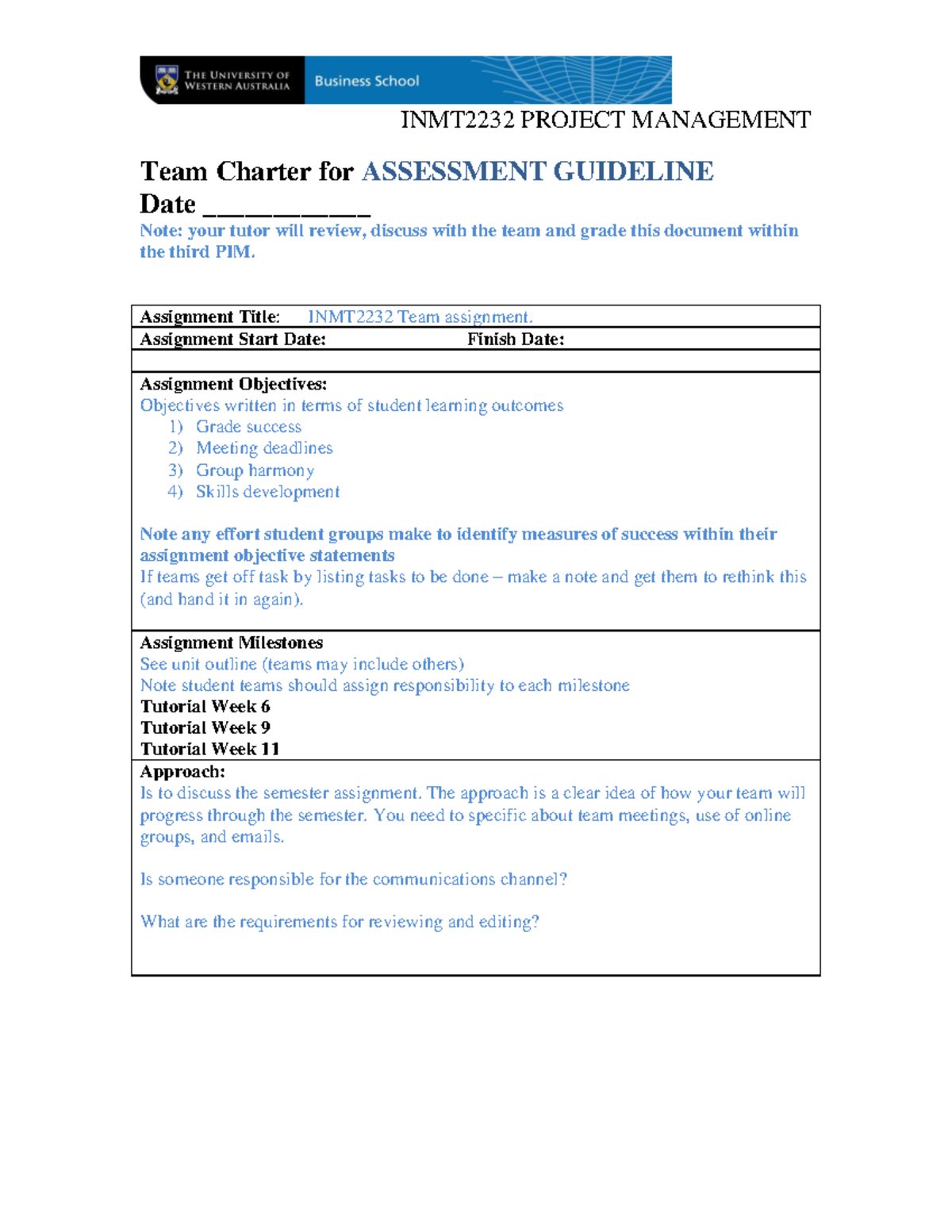 Team Charter Template - INMT2232 PROJECT MANAGEMENT Team Charter for ...