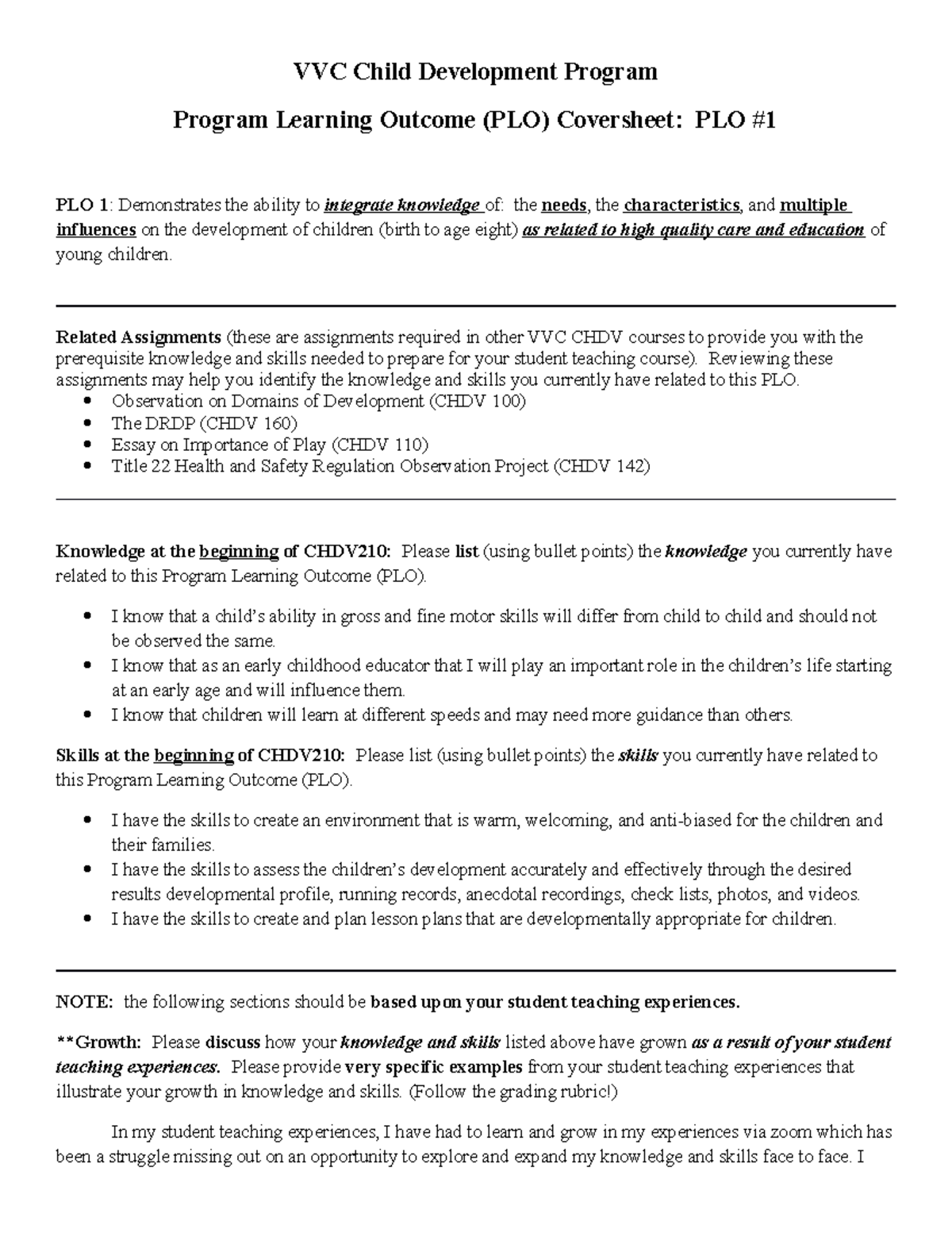 PLO 1 draft - Final work - VVC Child Development Program Program ...