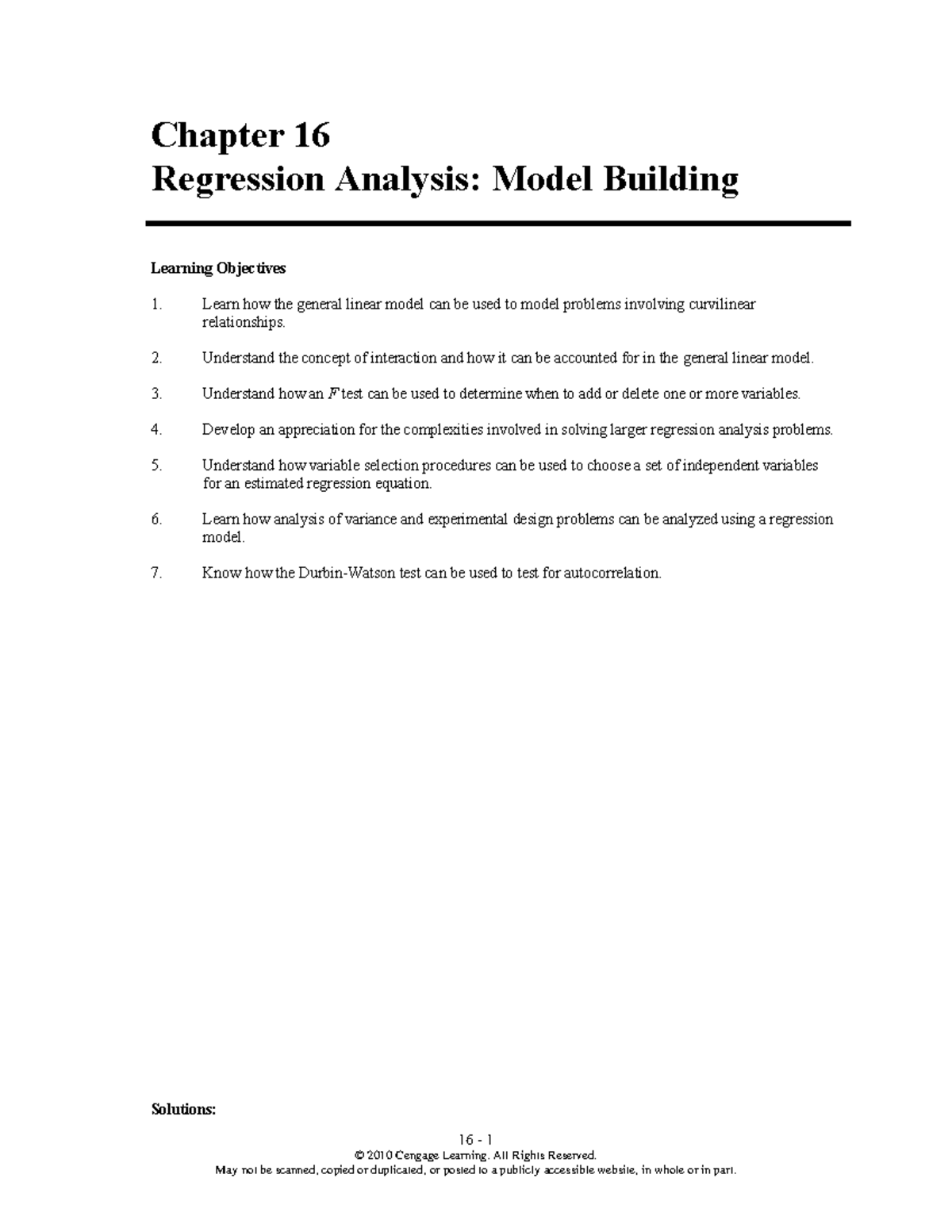 Ch16 - Awesome - 16 - 1 © 2010 Cengage Learning. All Rights Reserved. Chapter 16 Regression ...