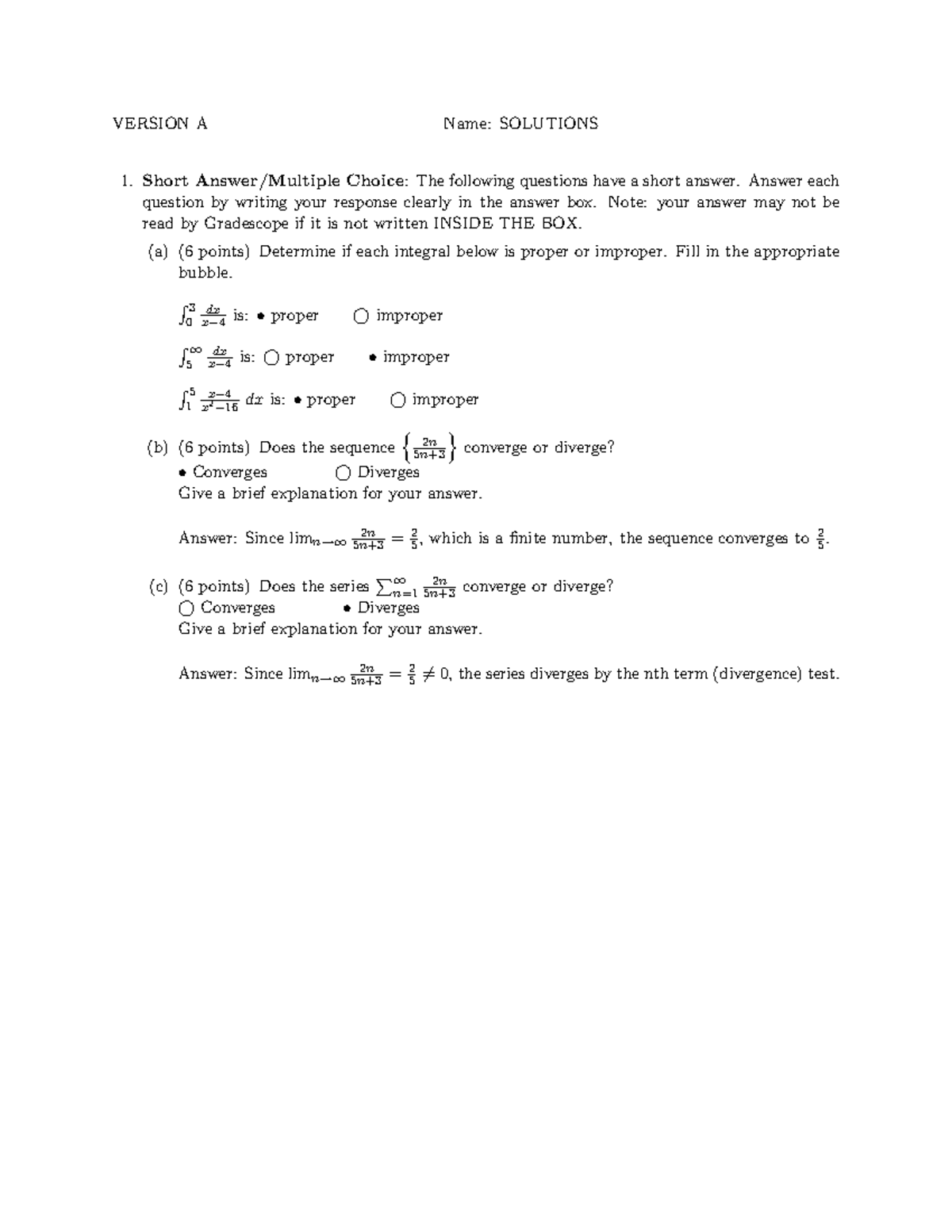 Test 3 spring 2020 formA - Short Answer/Multiple Choice: The following ...