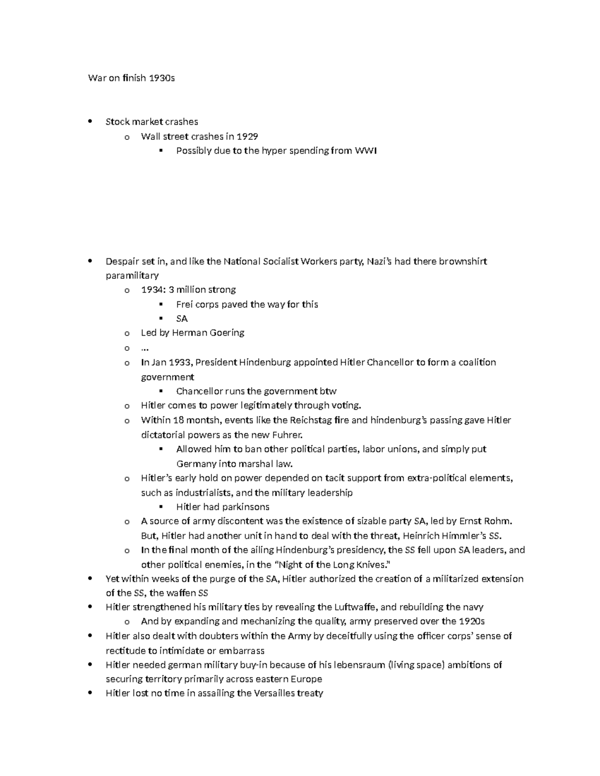 HIST 486 WWII Notes - War on finish 1930s Stock market crashes o Wall ...