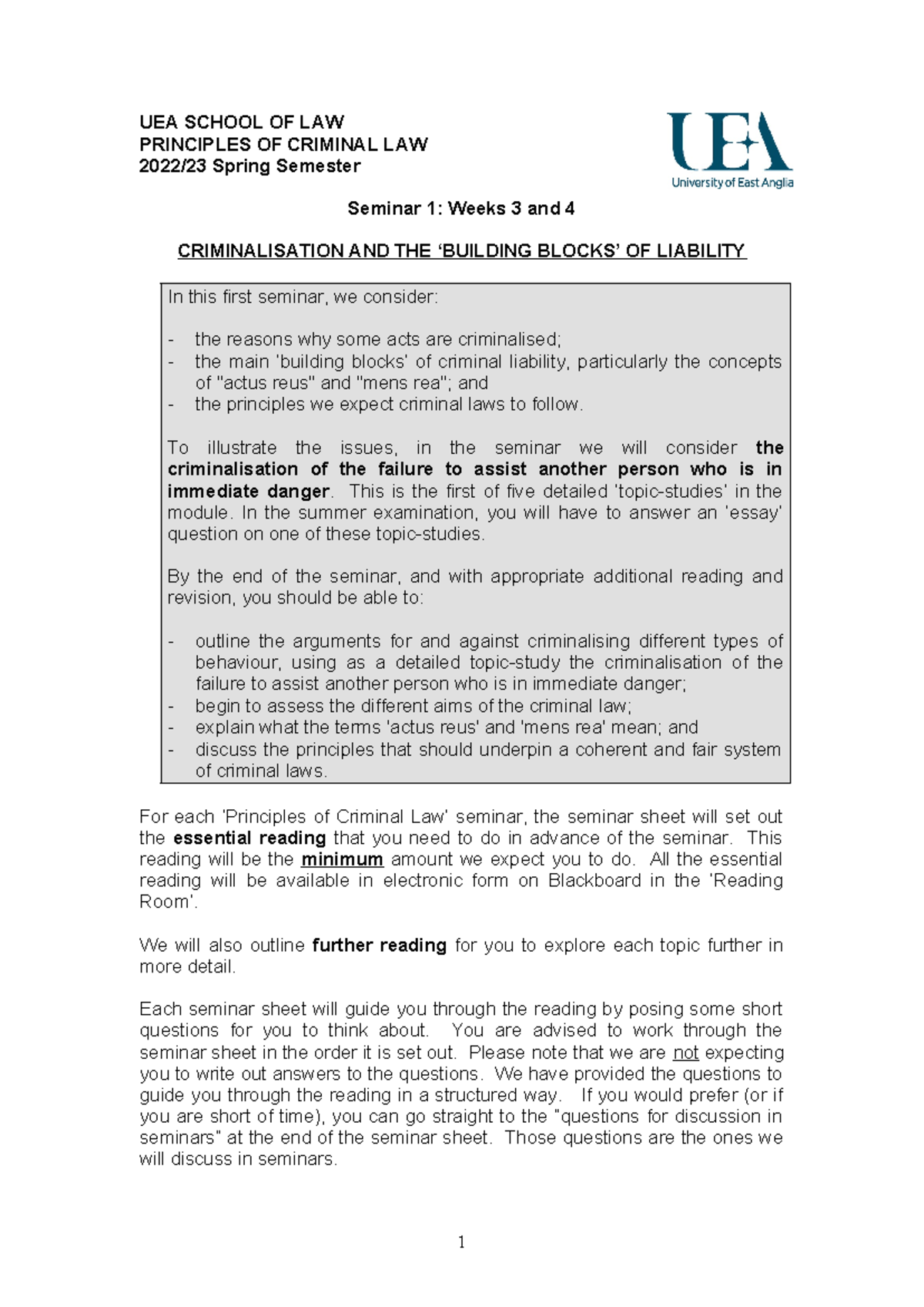 Sem 1 Criminal Law - UEA SCHOOL OF LAW PRINCIPLES OF CRIMINAL LAW 2022/ ...