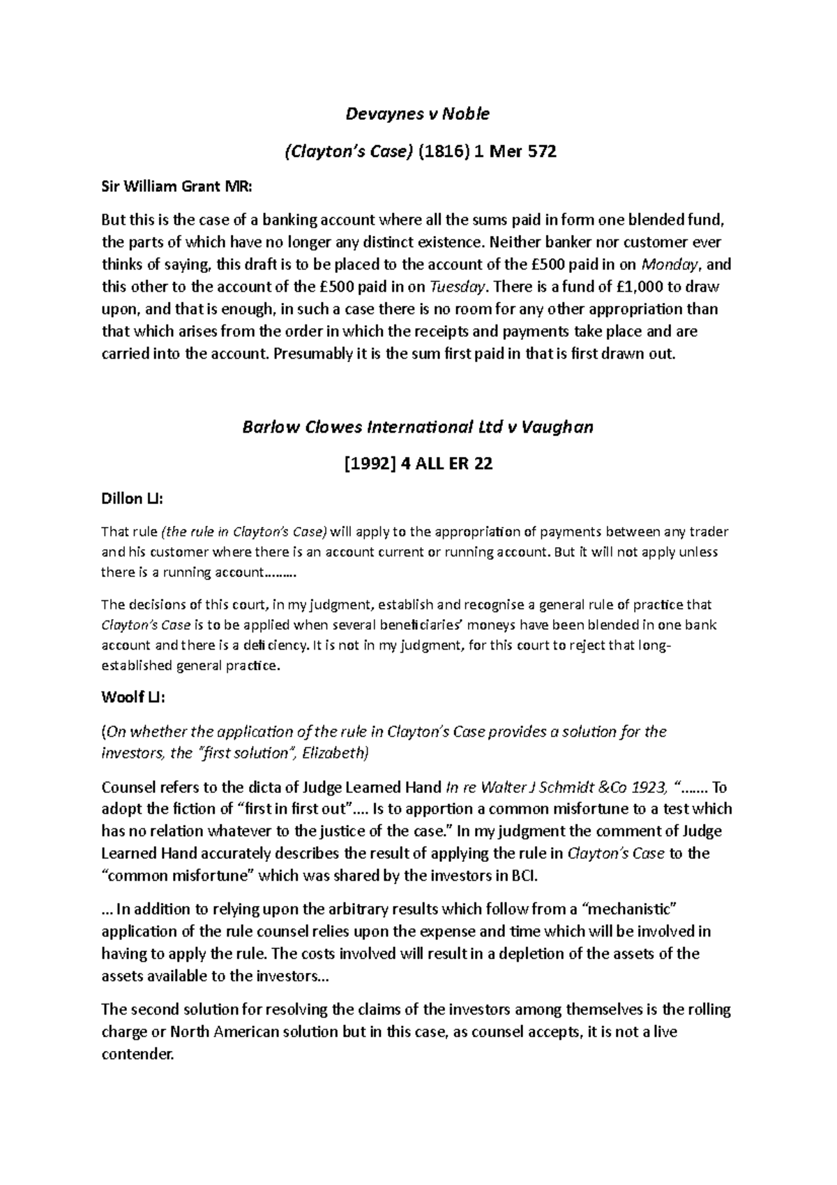 Extracts from Clayton's Case and Barlow Clowes v Vaughan - Devaynes v ...