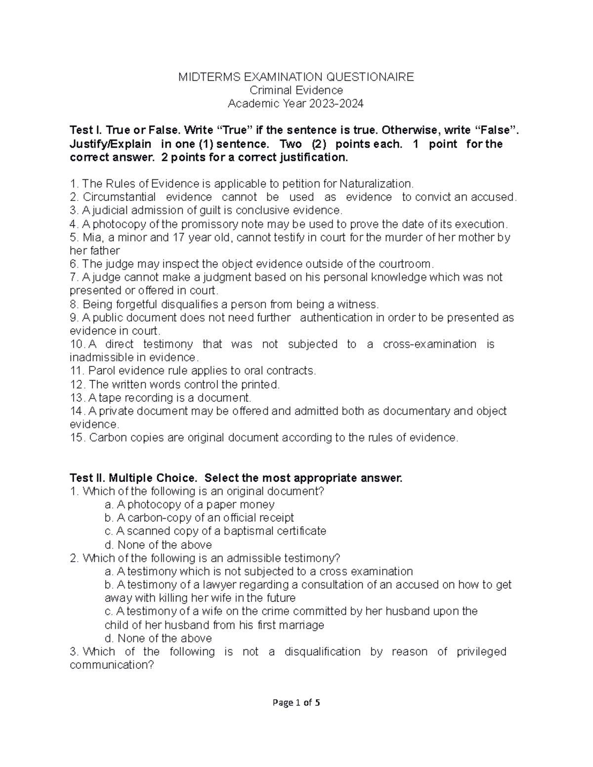 Crim Pro Midterms- Examination- Questionaire - MIDTERMS EXAMINATION ...