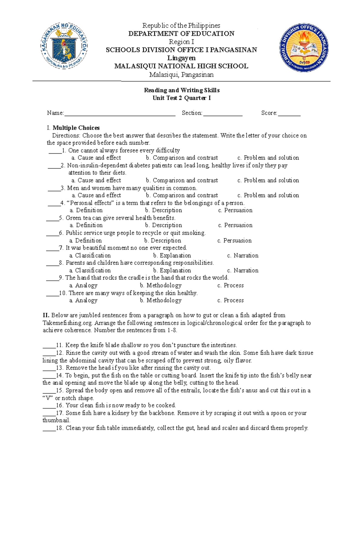 Reading and Writing Skills Summative Test 2 - Republic of the ...