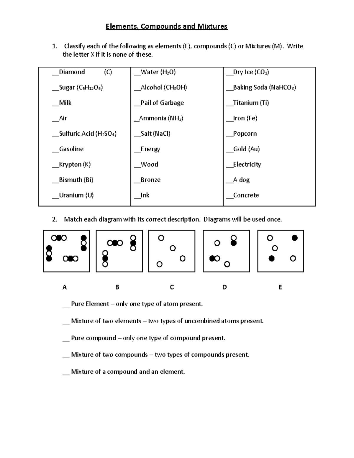 Copy of ECM - Answer paper - Elements, Compounds and Mixtures Classify ...