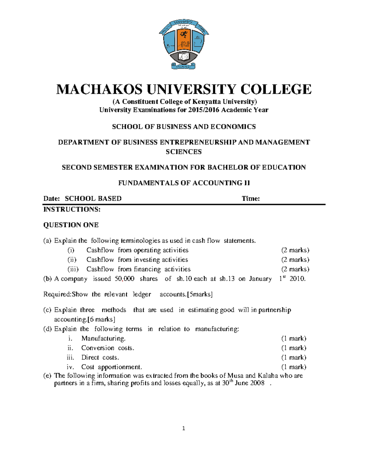 BAC 101 Fundamentals OF Accounting II - Warning: TT: undefined function: 32 MACHAKOS UNIVERSITY ...