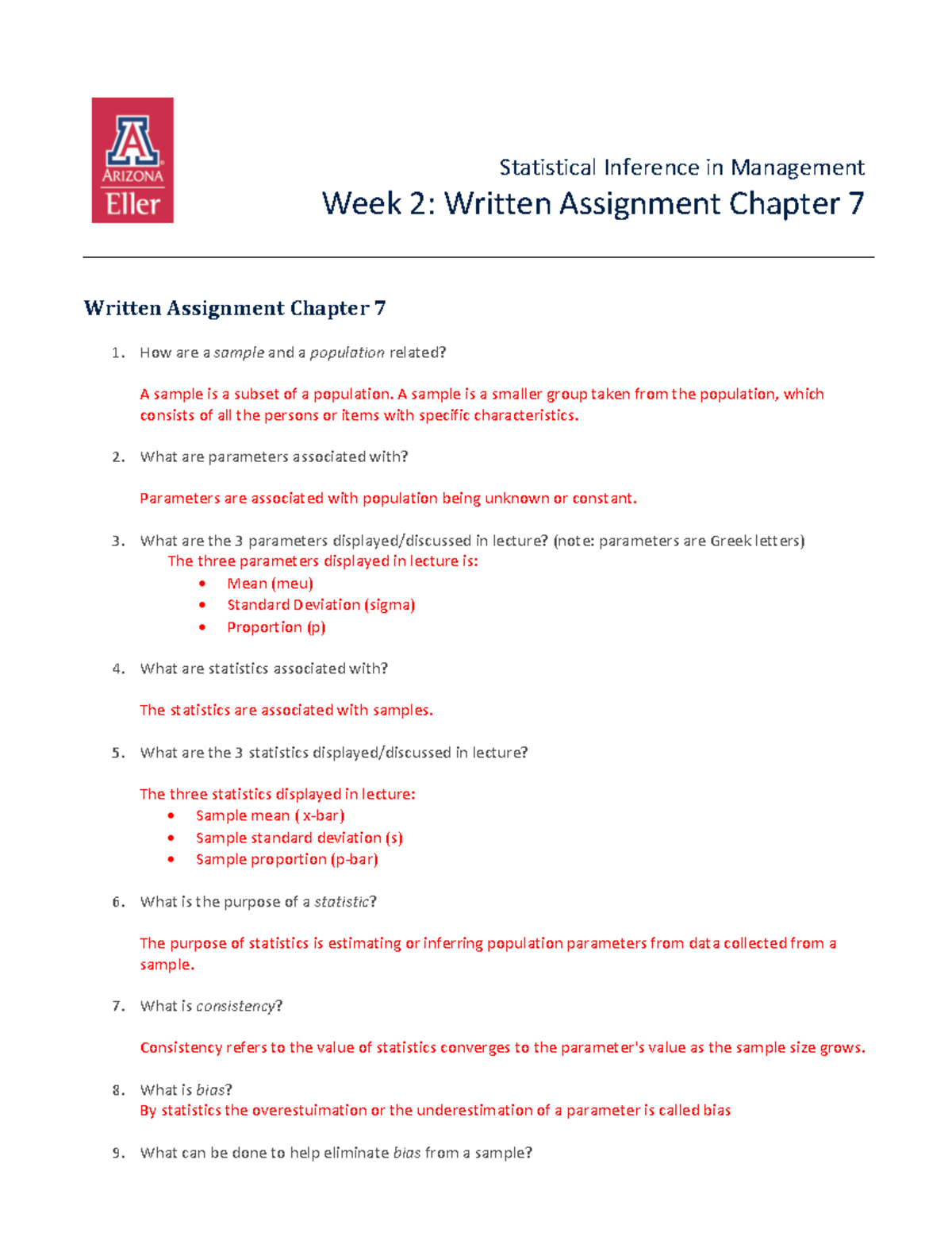 UG BNAD 276 Written Assignment Chapter 7 - Statistical Inference in Management Week 2 : Written ...