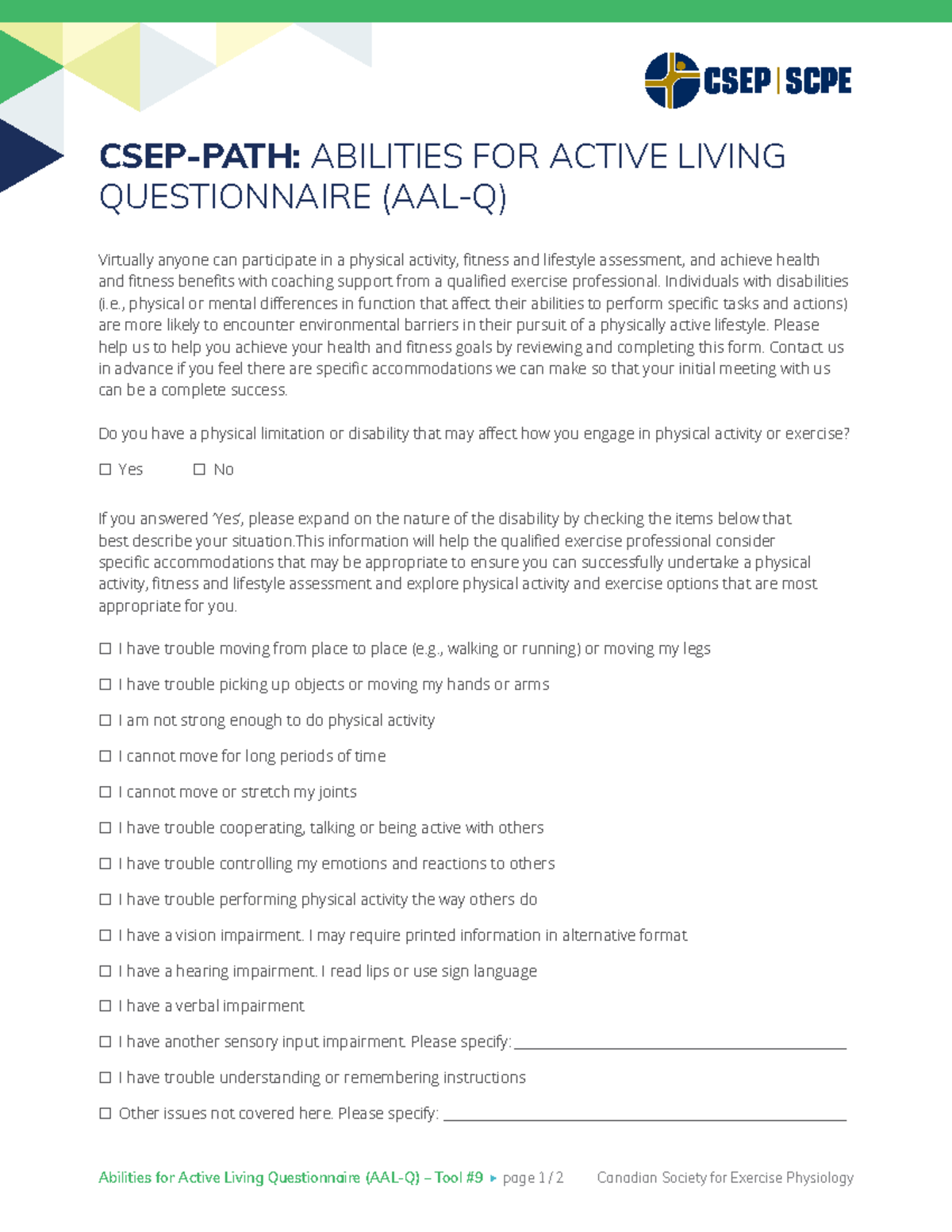 Tool 09 Abilities for Active Living Questionnaire AALQ CSEP-PATH 2021 - Abilities for Active ...