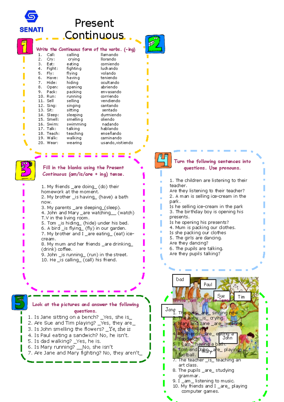 7 - Present Continuous worksheet - Tim Mary Jane John Sue Dad Paul ...