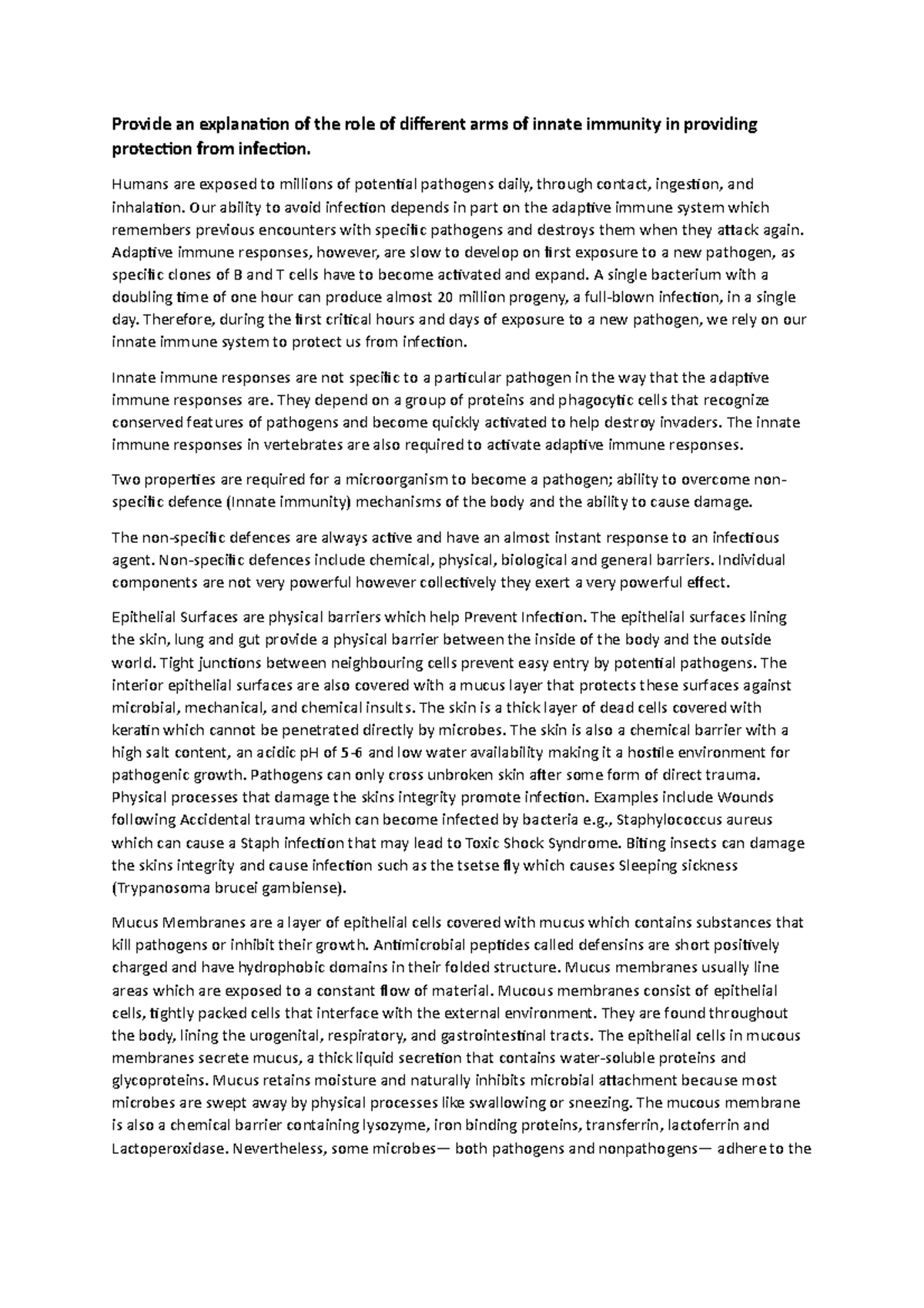 Innate immunity example ans - Provide an explanation of the role of ...