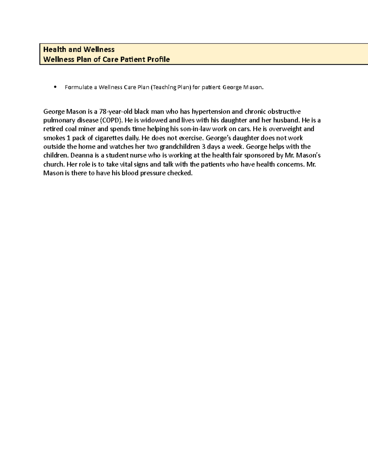 Wellness CARE PLAN Patient Profile - Health and Wellness Wellness Plan ...