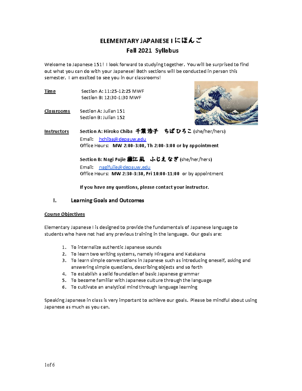 Syllabus- Japanese 151 fall 21 - ELEMENTARY JAPANESE I にほんご Fall 2021 ...
