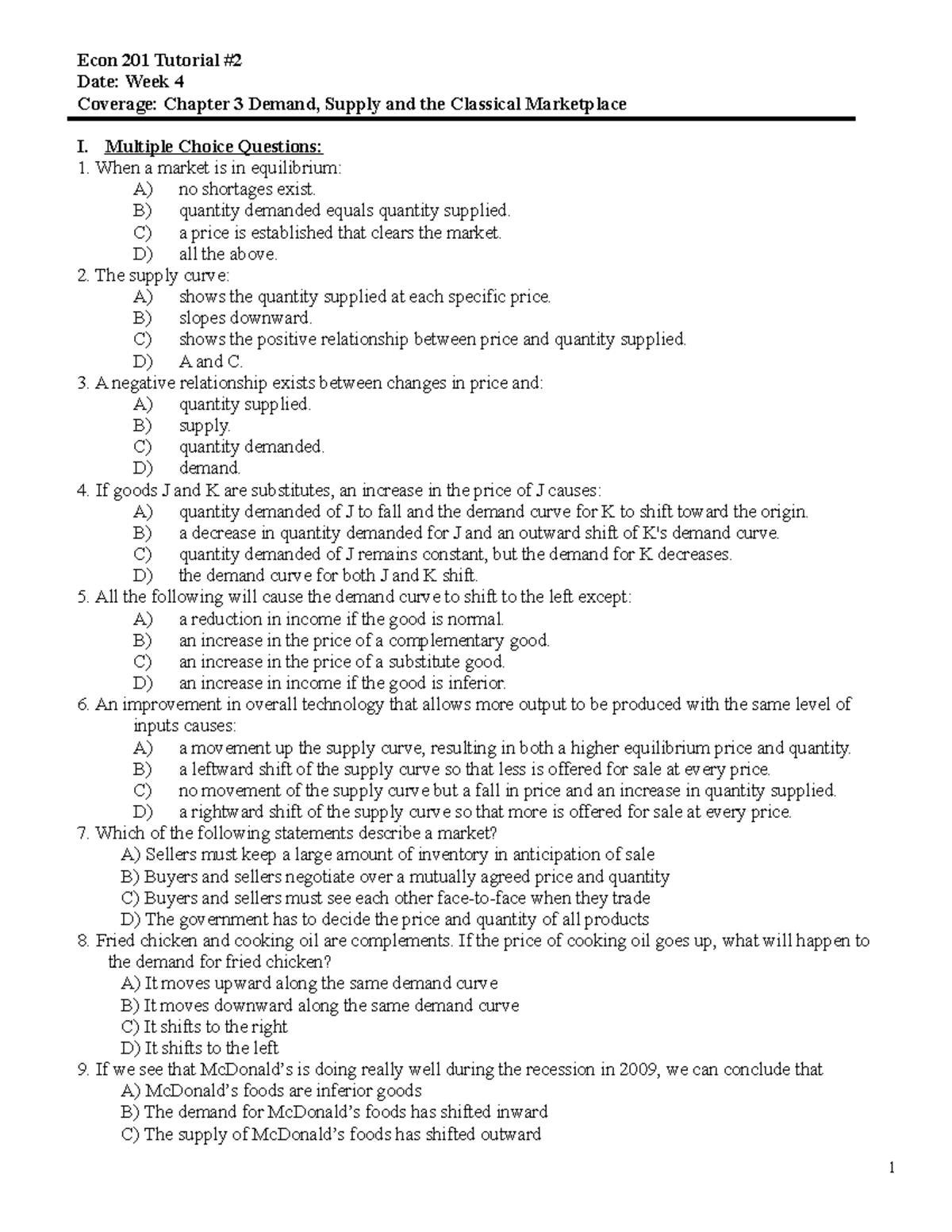 201-tutorial-2 - Review for the chapter - Econ 201 Tutorial # Date: Week 4 Coverage: Chapter 3 ...