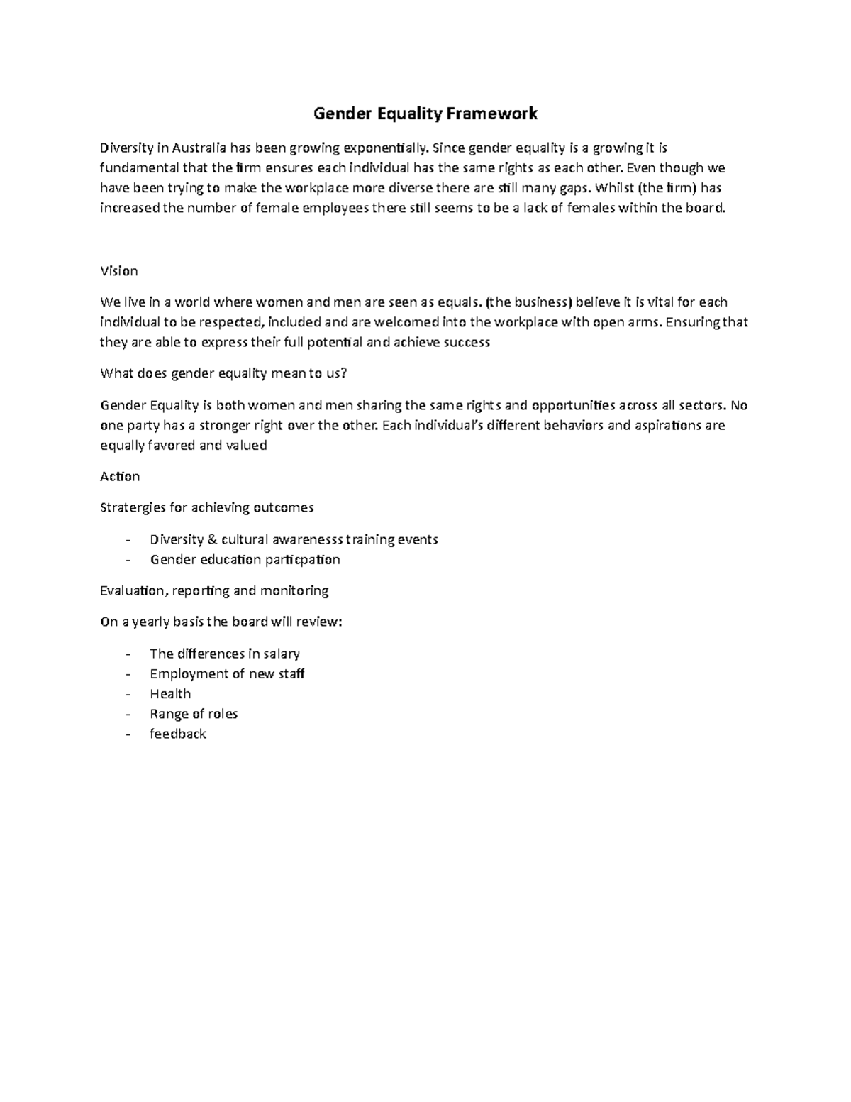 Gender Equality Framework - Gender Equality Framework Diversity in ...