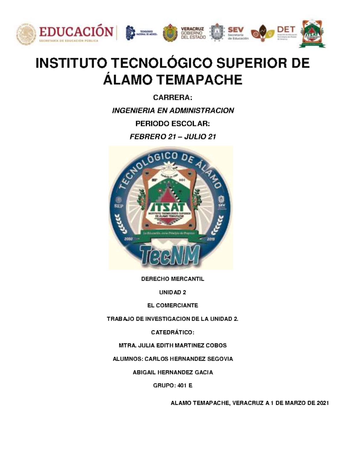 Cuestionario Unidad 2 - INSTITUTO TECNOLÓGICO SUPERIOR DE ÁLAMO ...