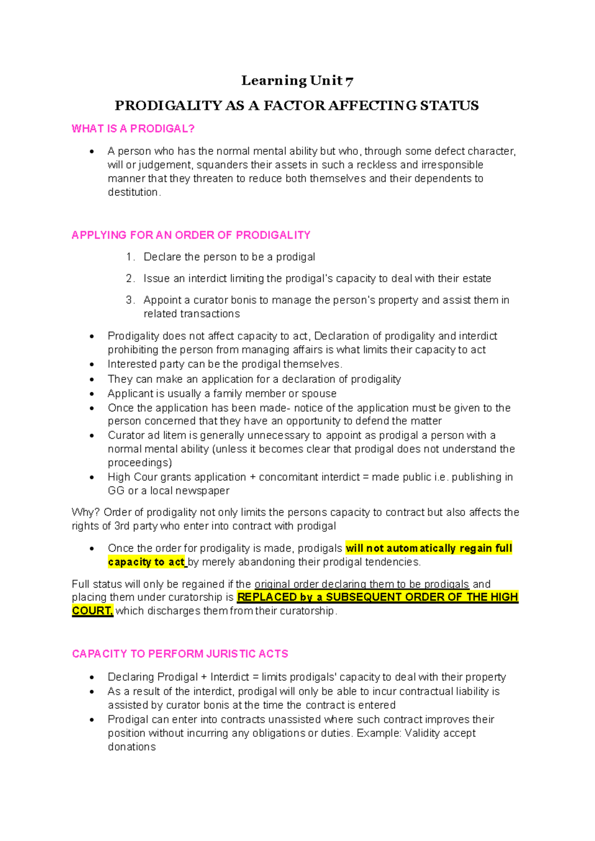 LOPF5131 Notes LU7-12 - Learning Unit 7 PRODIGALITY AS A FACTOR ...