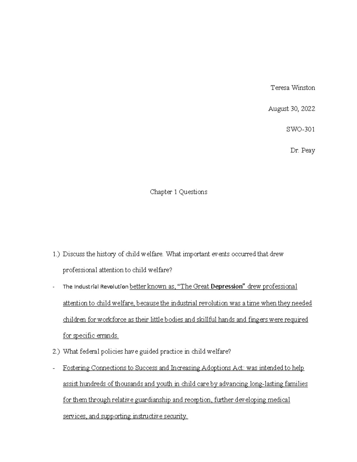 Chapter 1 Question SWO-301 - Teresa Winston August 30, 2022 SWO- Dr ...