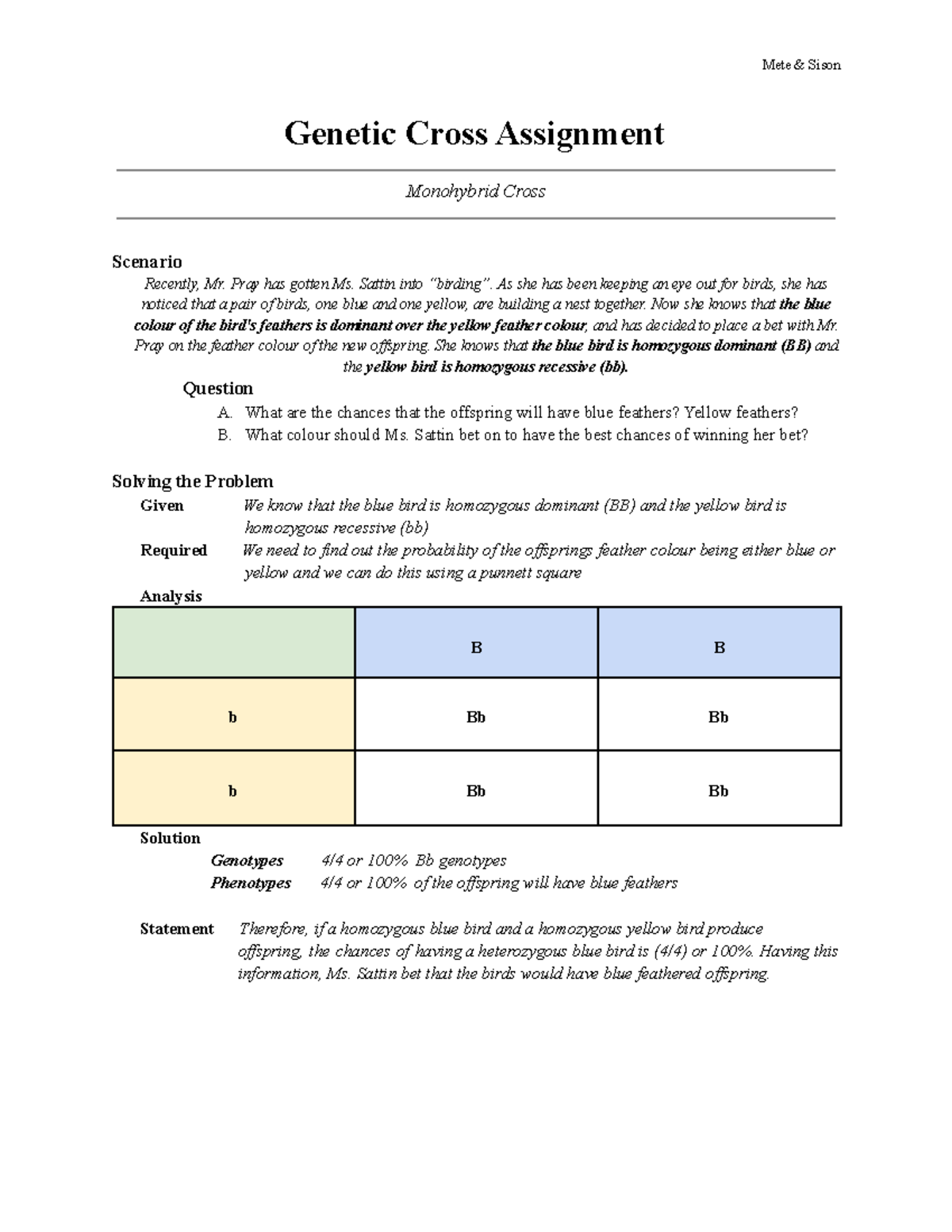 Genetic Cross Assignment - Mete & Sison Genetic Cross Assignment ...