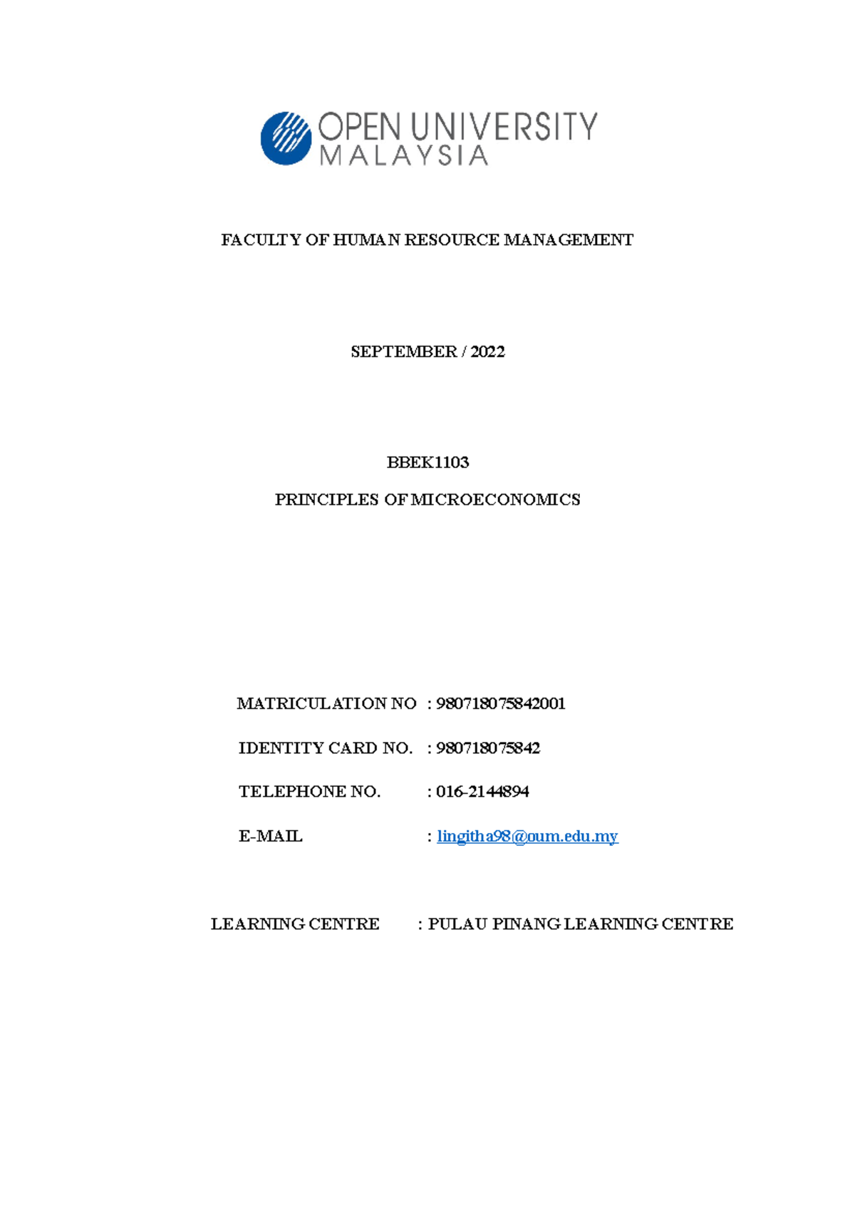 Principles Of Microeconomics Assignment Faculty Of Human Resource