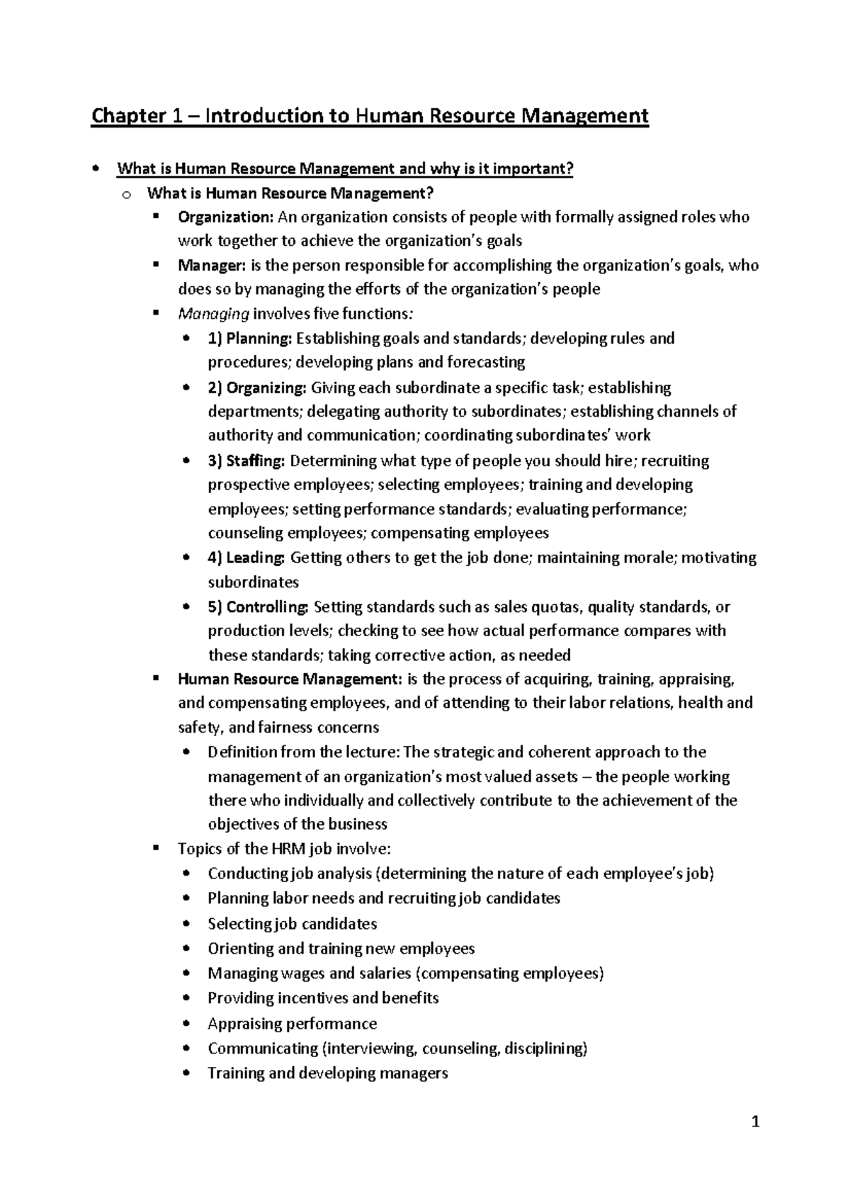 Summary Human Resource Management, H1-18 - Chapter 1 – Introduction to ...