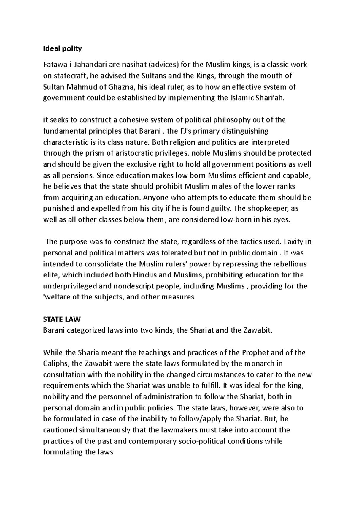 Barani - Ideal polity Fatawa-i-Jahandari are nasihat (advices) for the ...