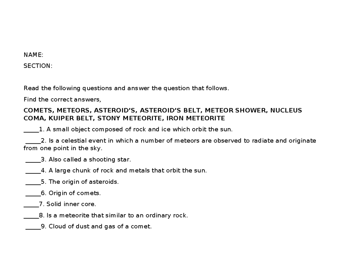 AND Asteroids - eference that can use. - NAME: SECTION: Read the ...