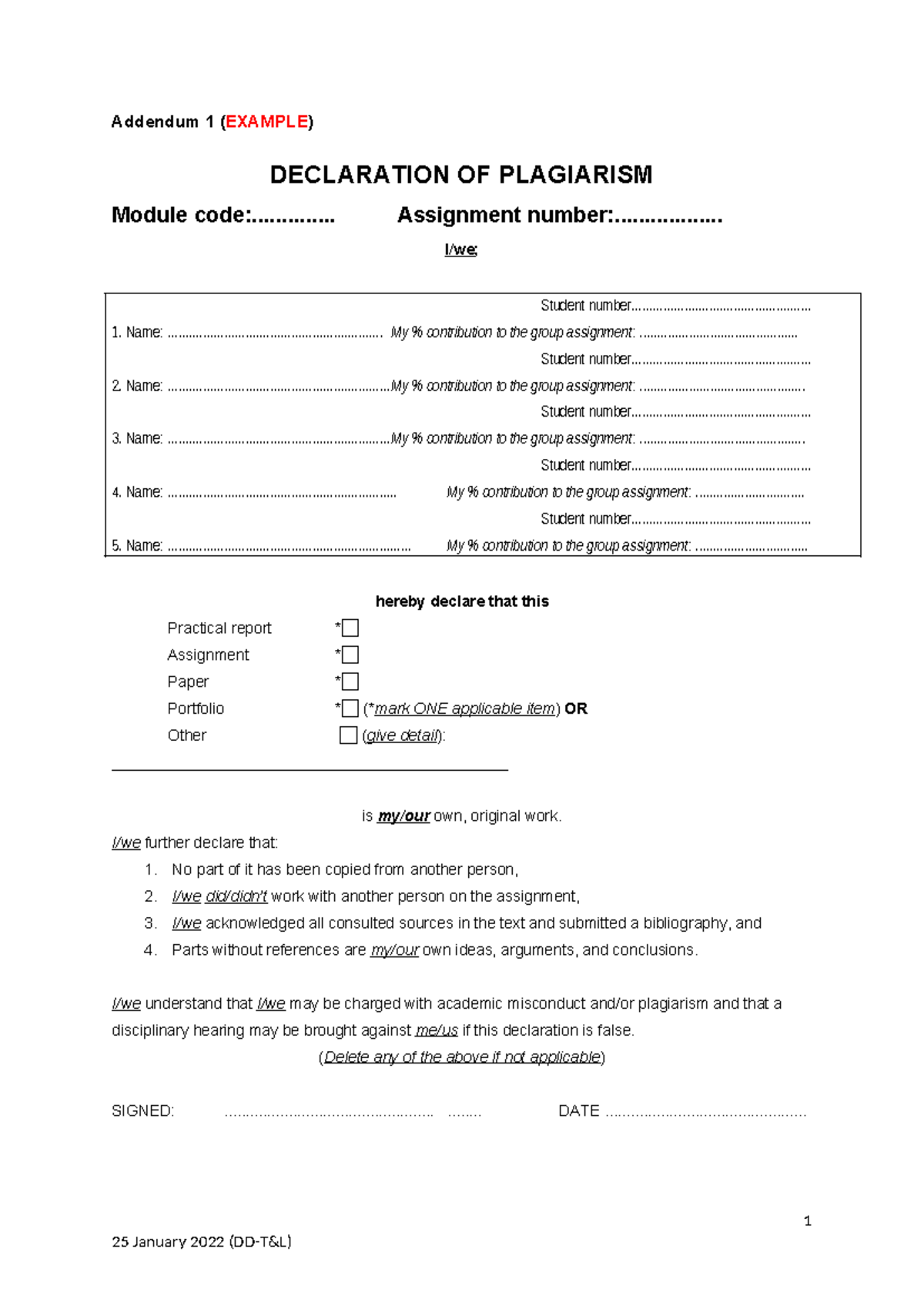 Plagiarism form - ....... - Addendum 1 (EXAMPLE) DECLARATION OF ...