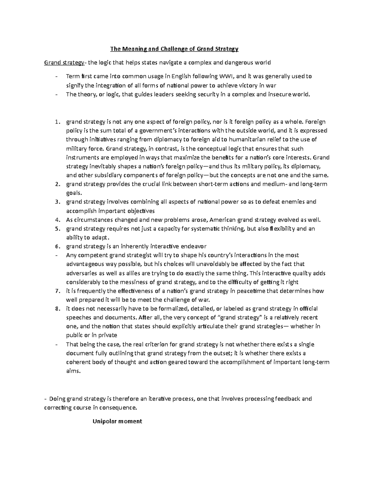 Class 6 hw notes - The Meaning and Challenge of Grand Strategy Grand ...