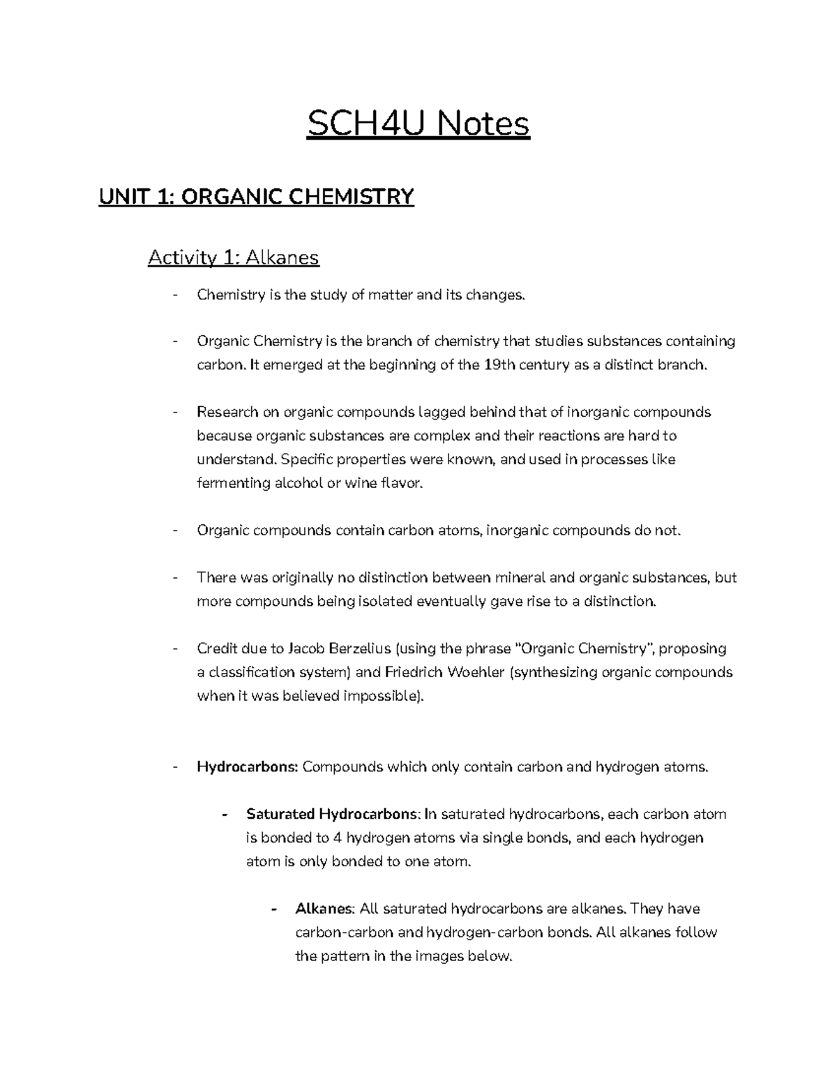 SCH4U Notes - SCH4U Notes UNIT 1: ORGANIC CHEMISTRY Activity 1: Alkanes ...