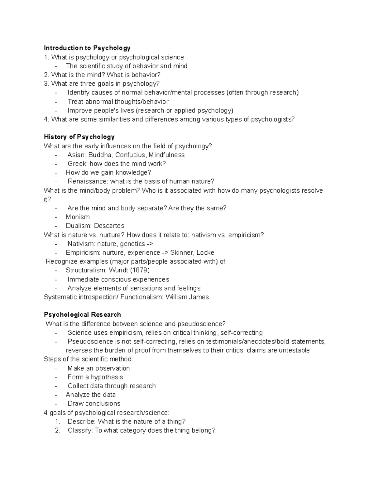Intro to Psychology Summery - Introduction to Psychology What is ...
