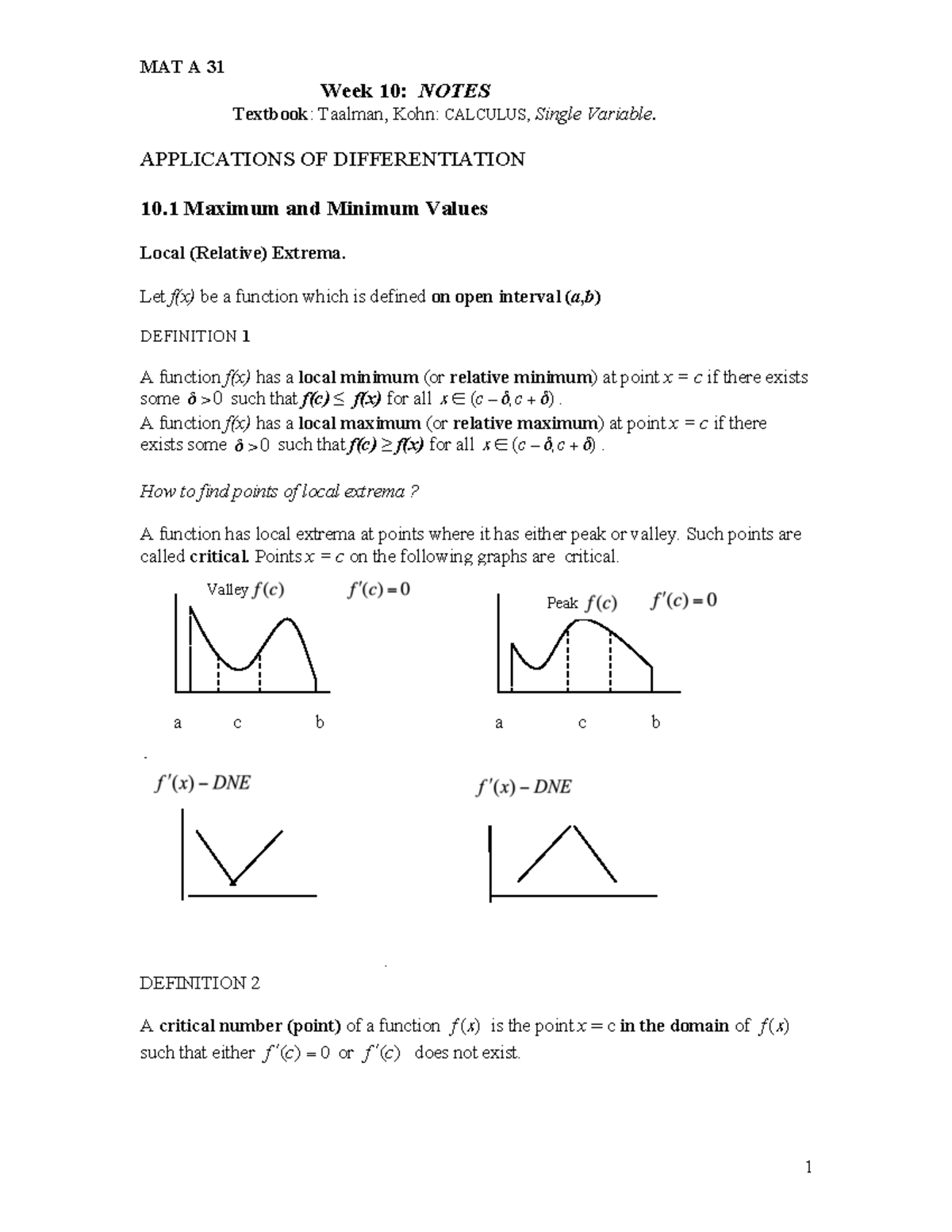 A31 W10 Notes - MAT A 31 Week 10: NOTES Textbook: Taalman, Kohn ...