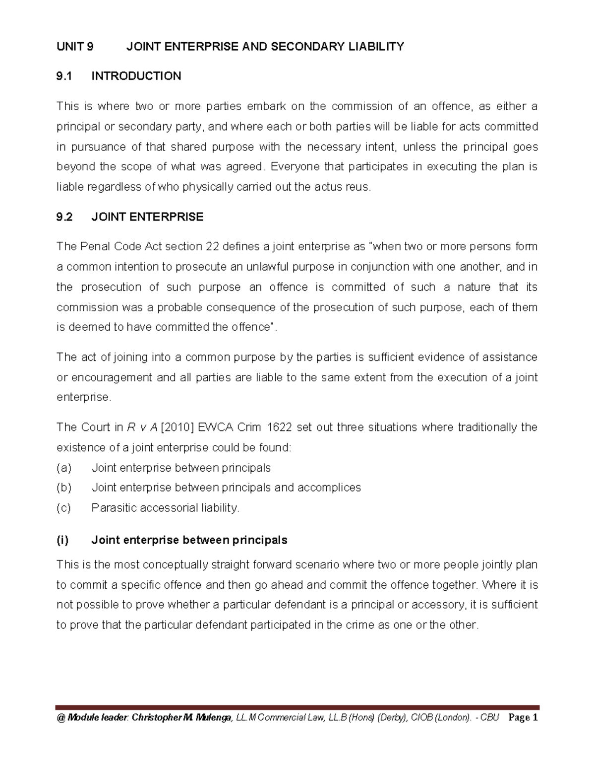 Criminal LAW UNIT 9 Joint Enterprise AND Secondary Liability - UNIT 9 ...