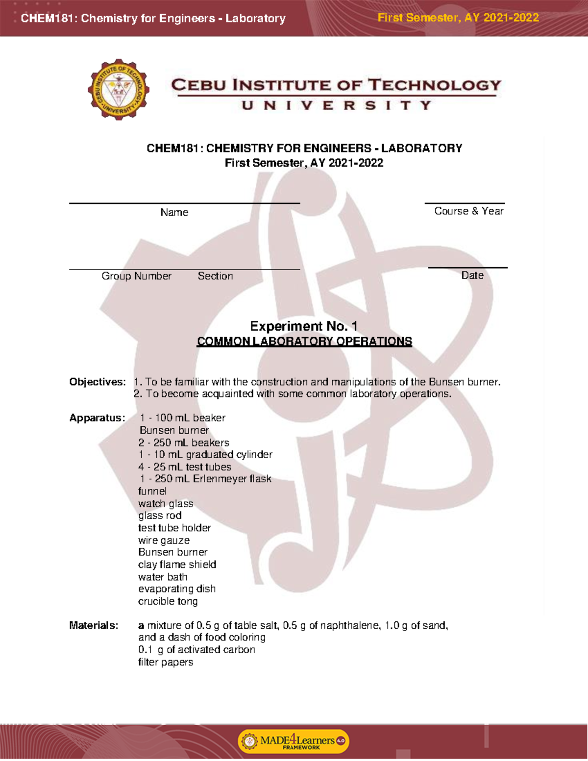 CHEM181.Experiment 1.Common Lab Operations - CHEM181: CHEMISTRY FOR ...
