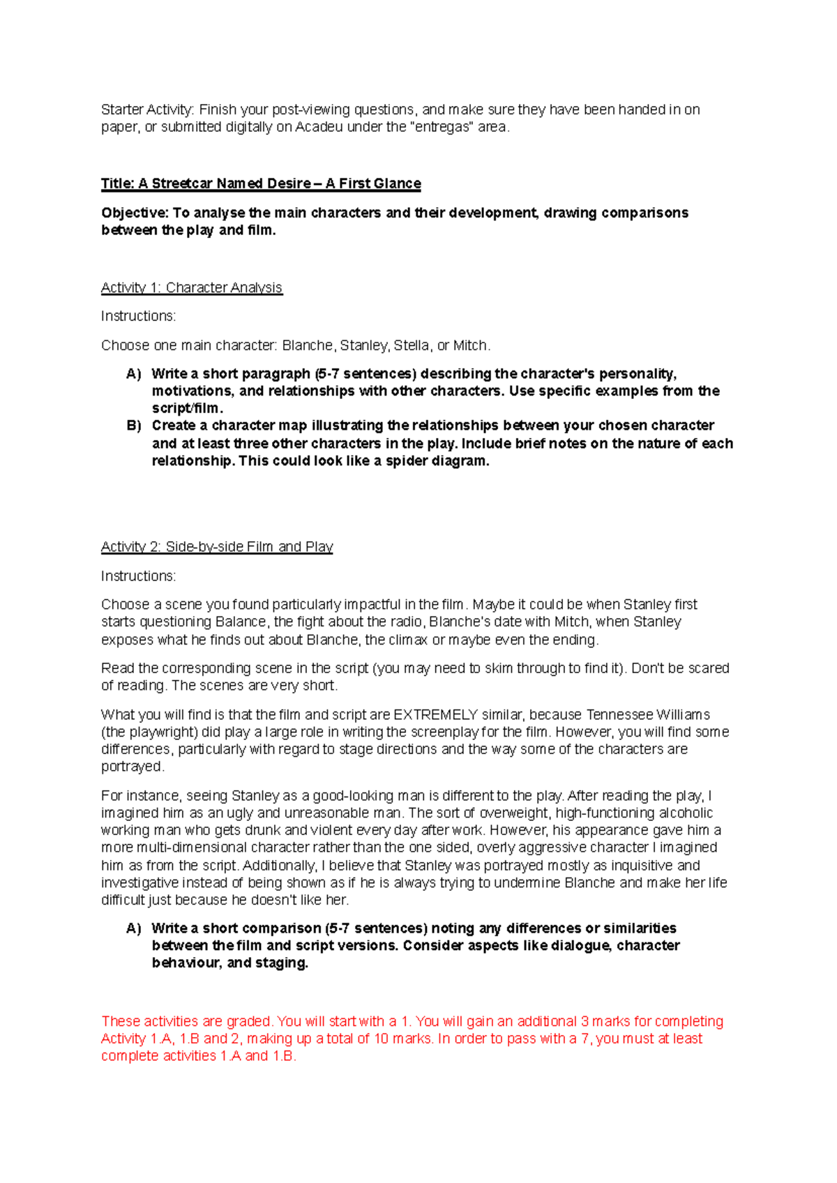 A Streetcar Named Desire Activities for 05 Wednesday June 4th Year pdf ...