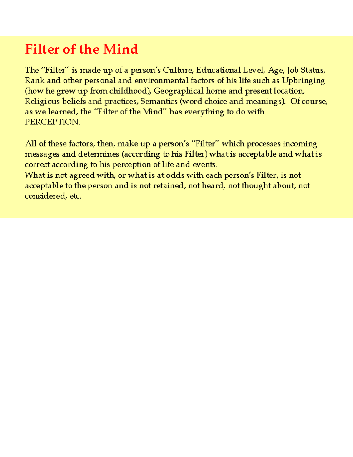 Filter of the Mind - Filter of the Mind The “Filter” is made up of a ...