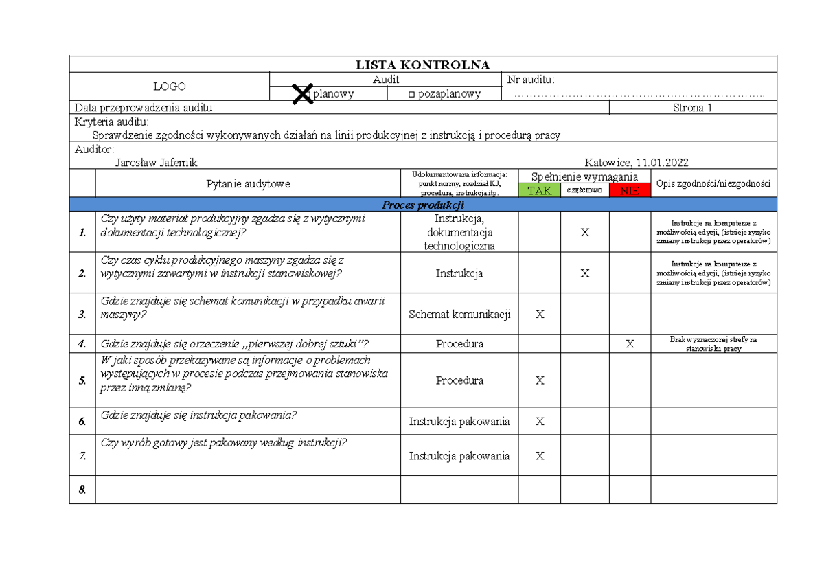 Lista kontrola Auditu - LISTA KONTROLNA LOGO Audit Nr auditu: planowy ...